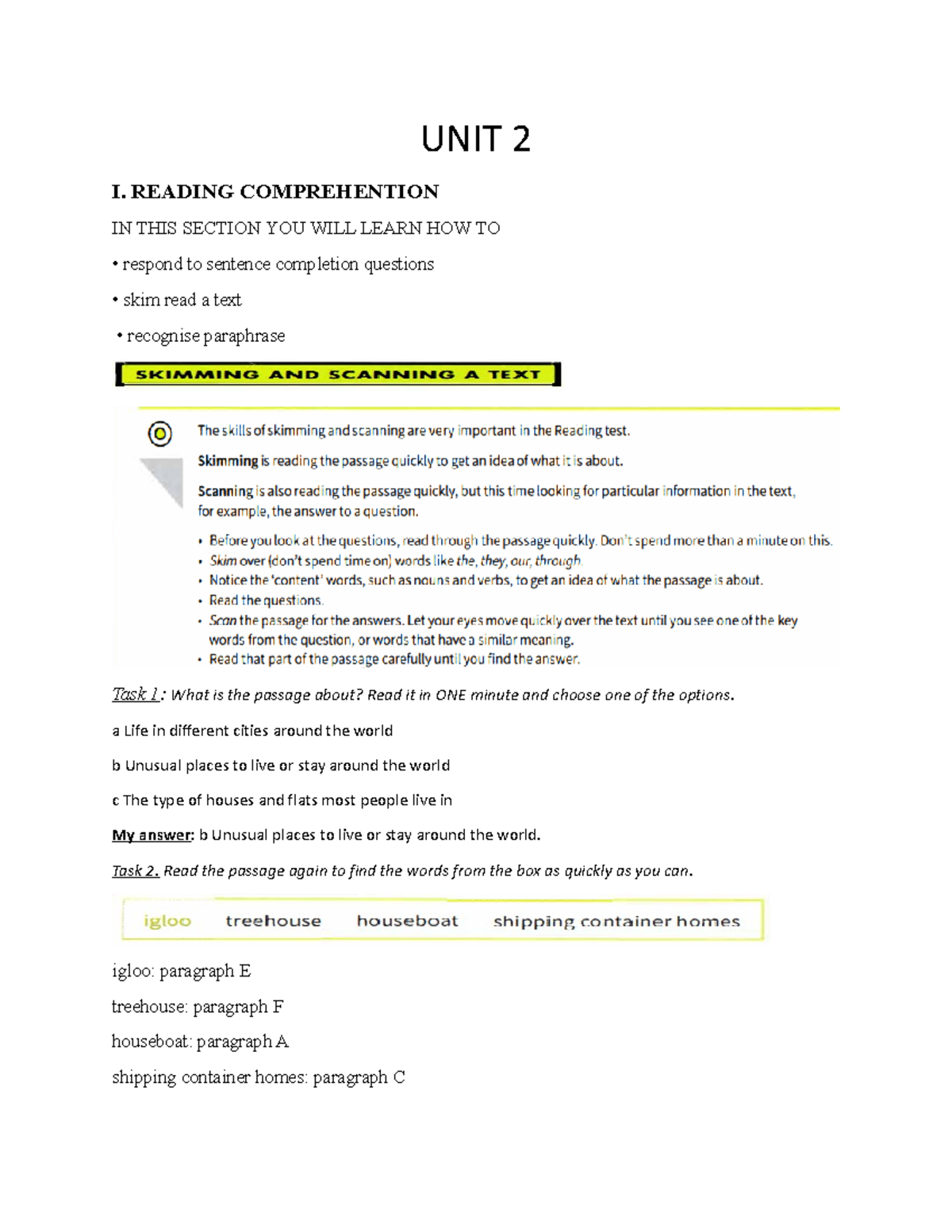 Reading - WEEK 2 - fdxdfgf - UNIT 2 I. READING COMPREHENTION IN THIS ...