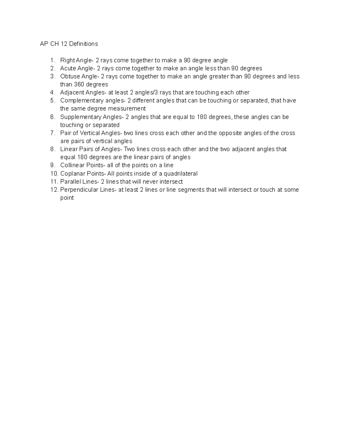 AP CH 12 Definitions - blended course - AP CH 12 Definitions Right Angle- 2 rays come together ...