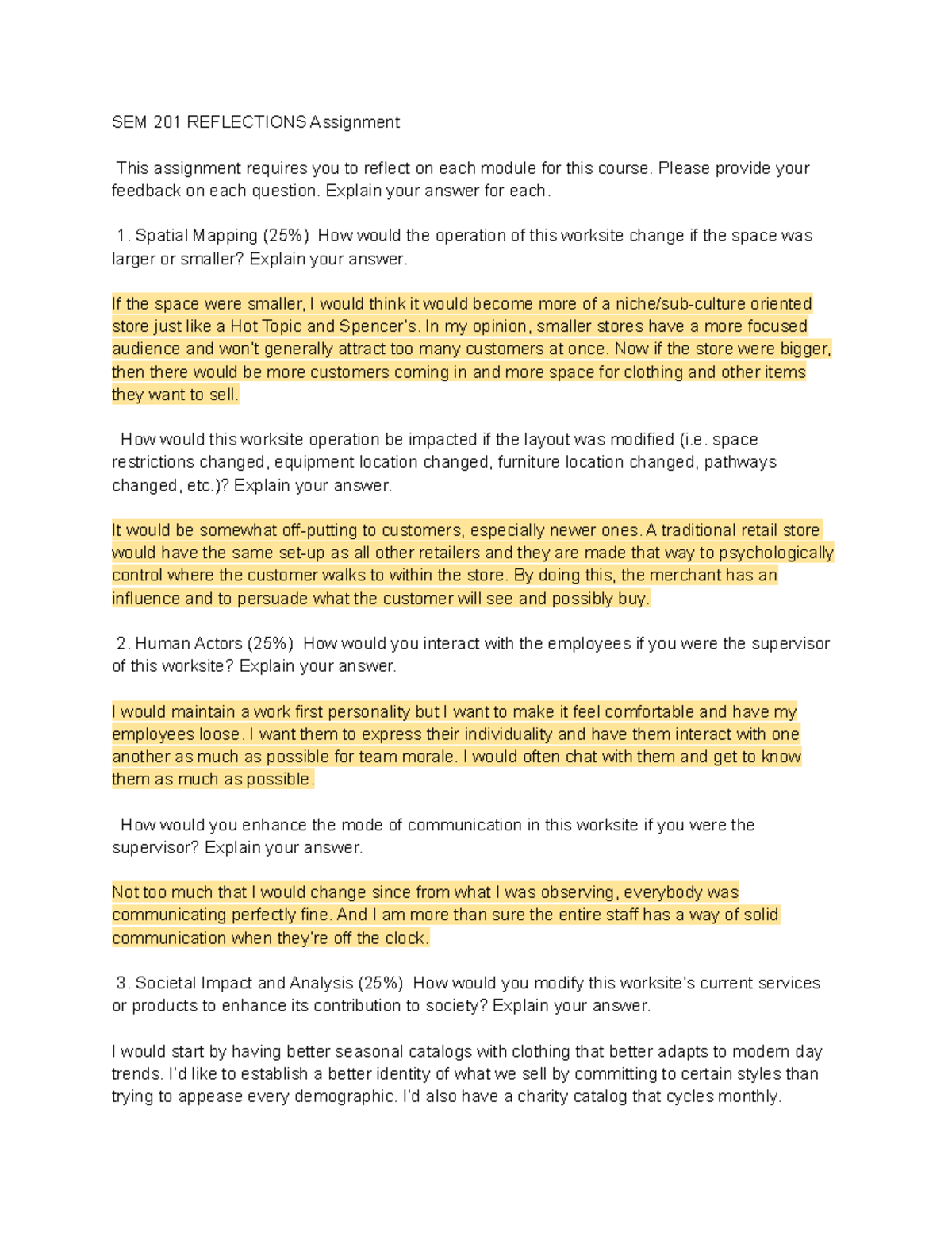 End of course evaluation - SEM 201 REFLECTIONS Assignment This ...