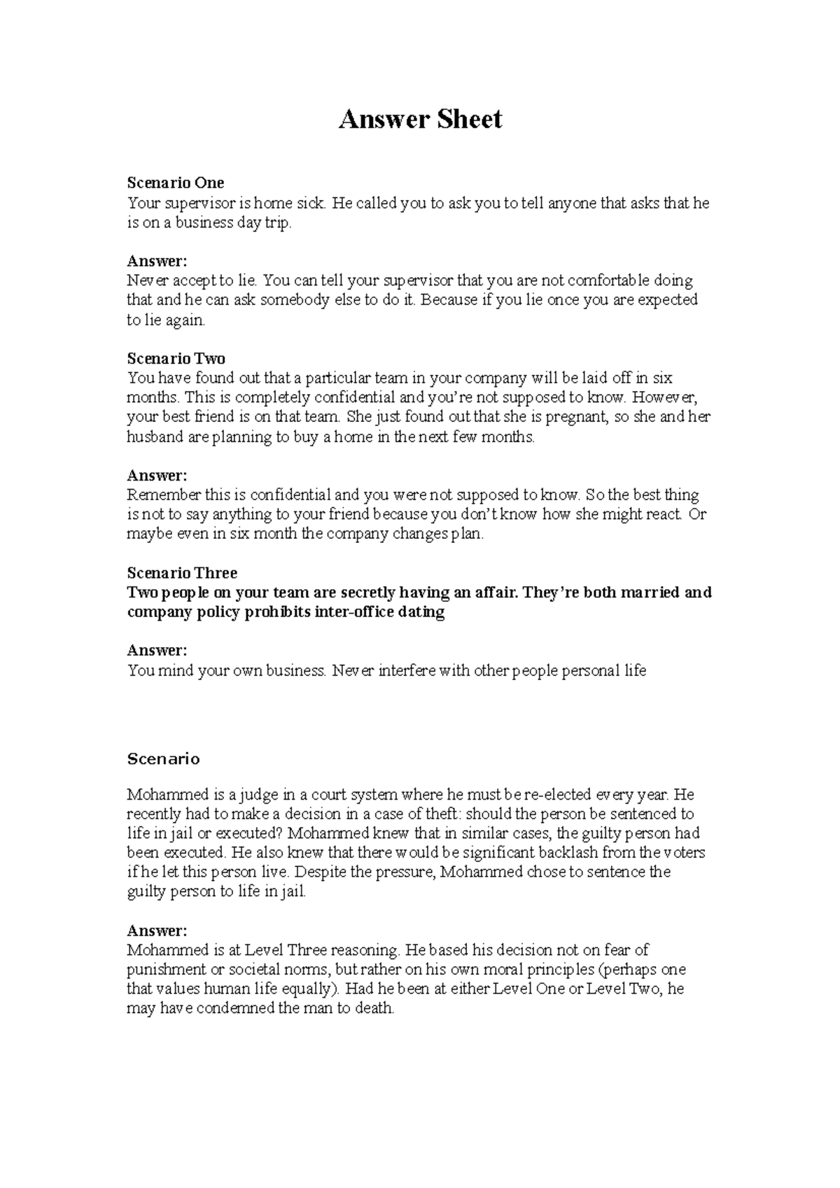 Scenario - Answer Sheet Scenario One Your supervisor is home sick. He ...
