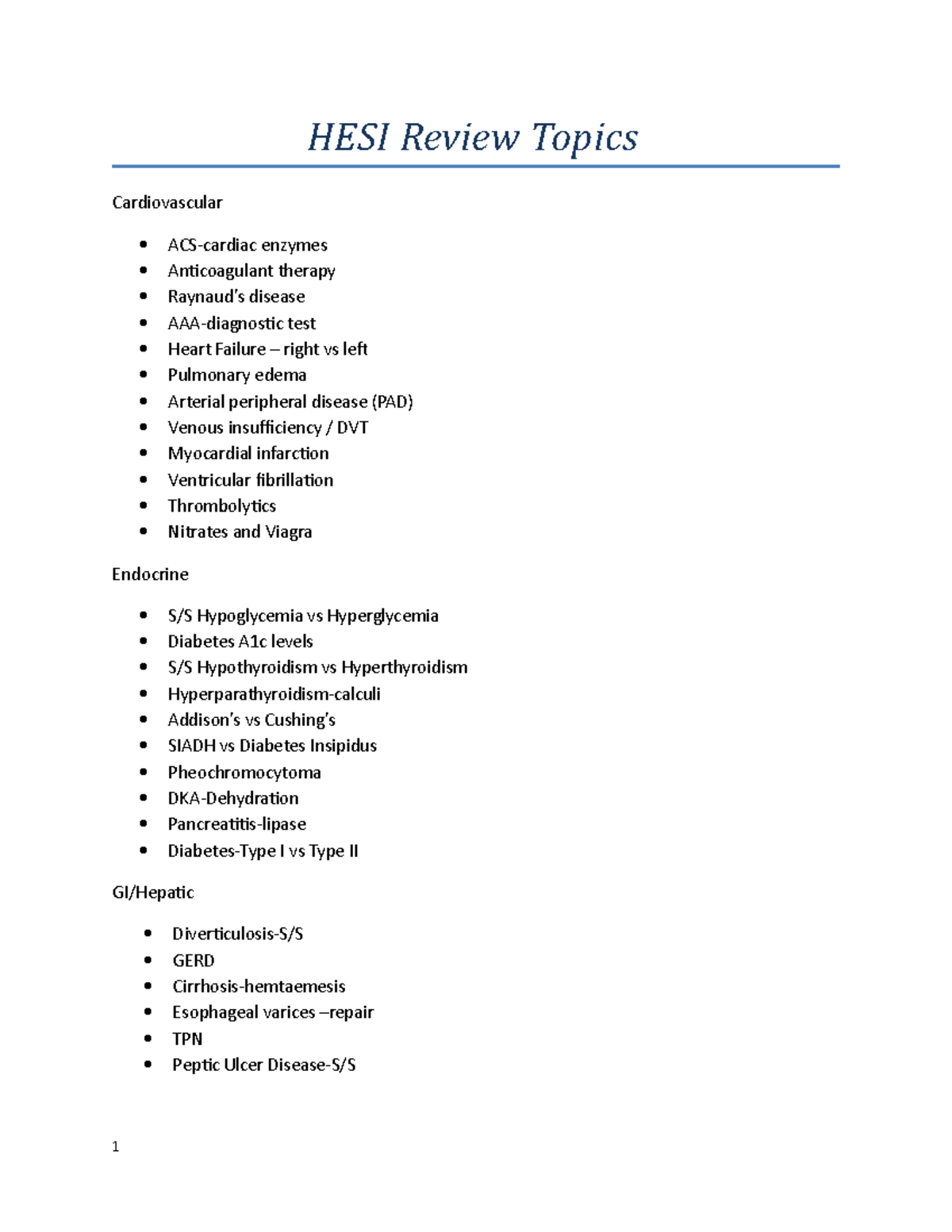 HESI Review Topics 2 - HESI Review Topics Cardiovascular ACS-cardiac ...