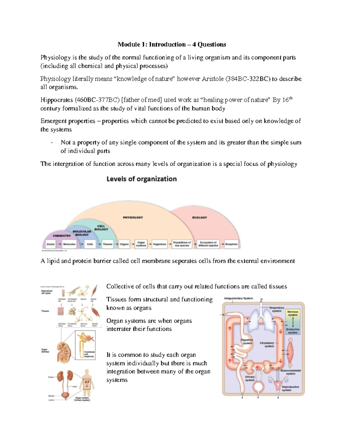 Notes Midterm - 4r 43 - Module 1: Introduction – 4 Questions Physiology ...