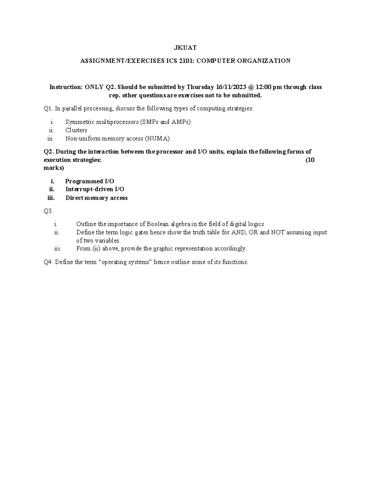 Ics 2101 Sep Dec 2023 Assignment Jkuat Assignmentexercises Ics 2101 Computer Organization