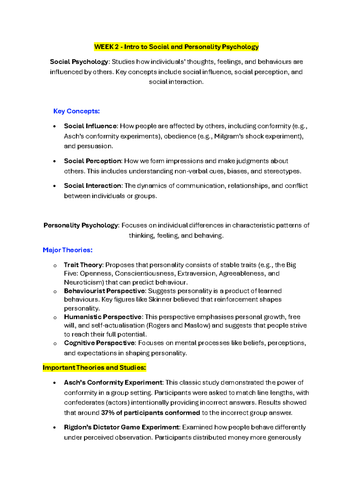 Social EXAM Study Notes - WEEK 2 - Intro to Social and Personality ...