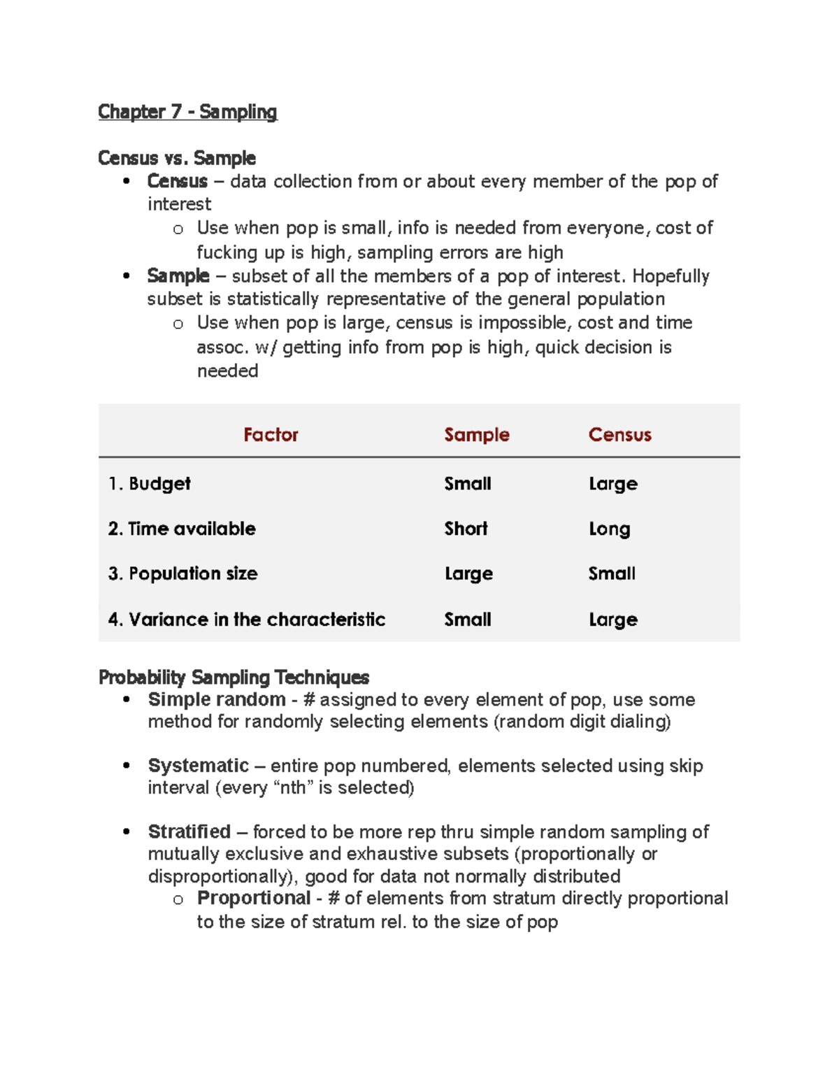 Quiz 5 detailed study guide - Chapter 7 Sampling Census vs. Sample ...