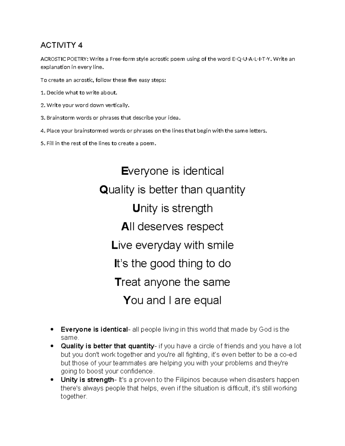 Activity 4 Values - ACTIVITY 4 ACROSTIC POETRY: Write a Free-form style ...