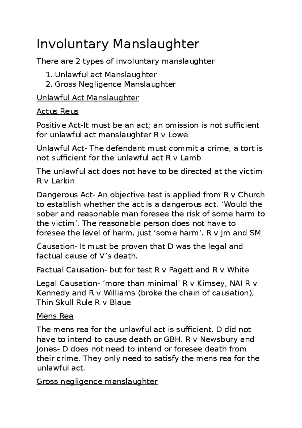 Involuntary manslaughter overview sheet - Involuntary Manslaughter ...