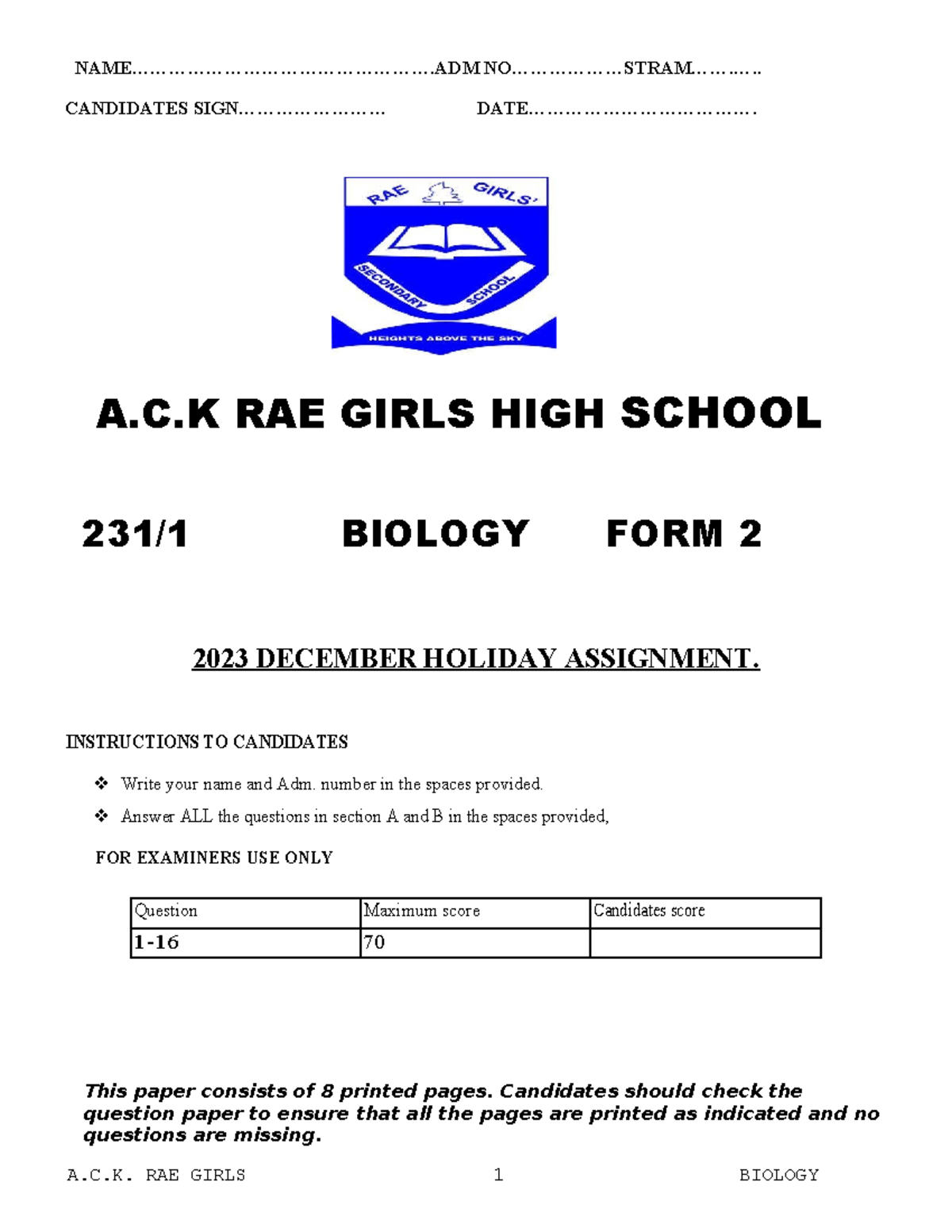 BIO FORM 2 Holiday Assignment - NAME ...