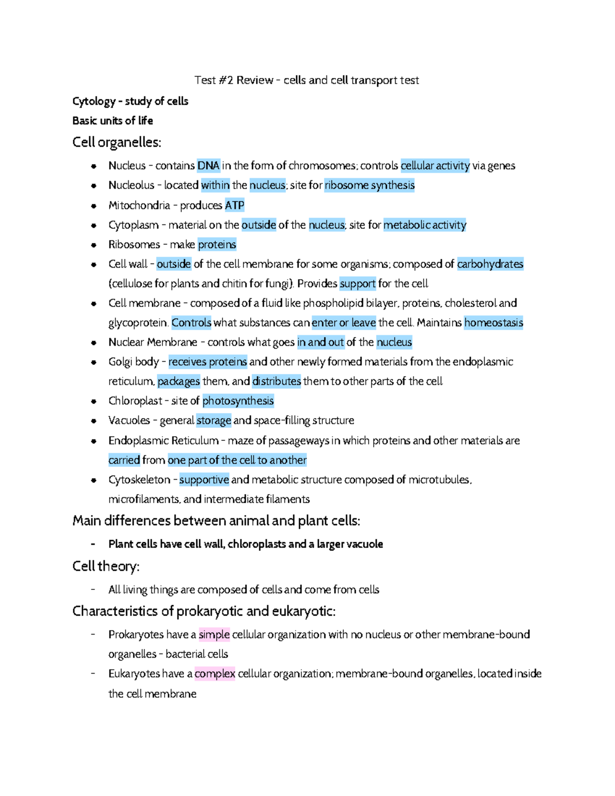 Test #2 review - Test #2 Review - cells and cell transport test ...