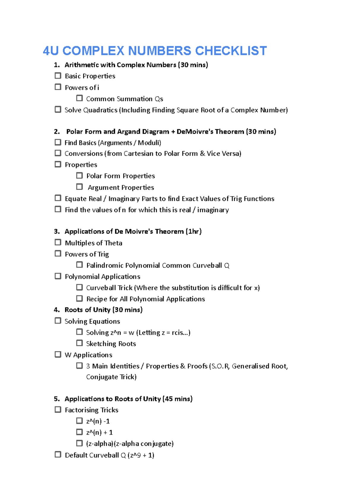 Complex Checklist - 4U COMPLEX NUMBERS CHECKLIST Arithmec with Complex ...