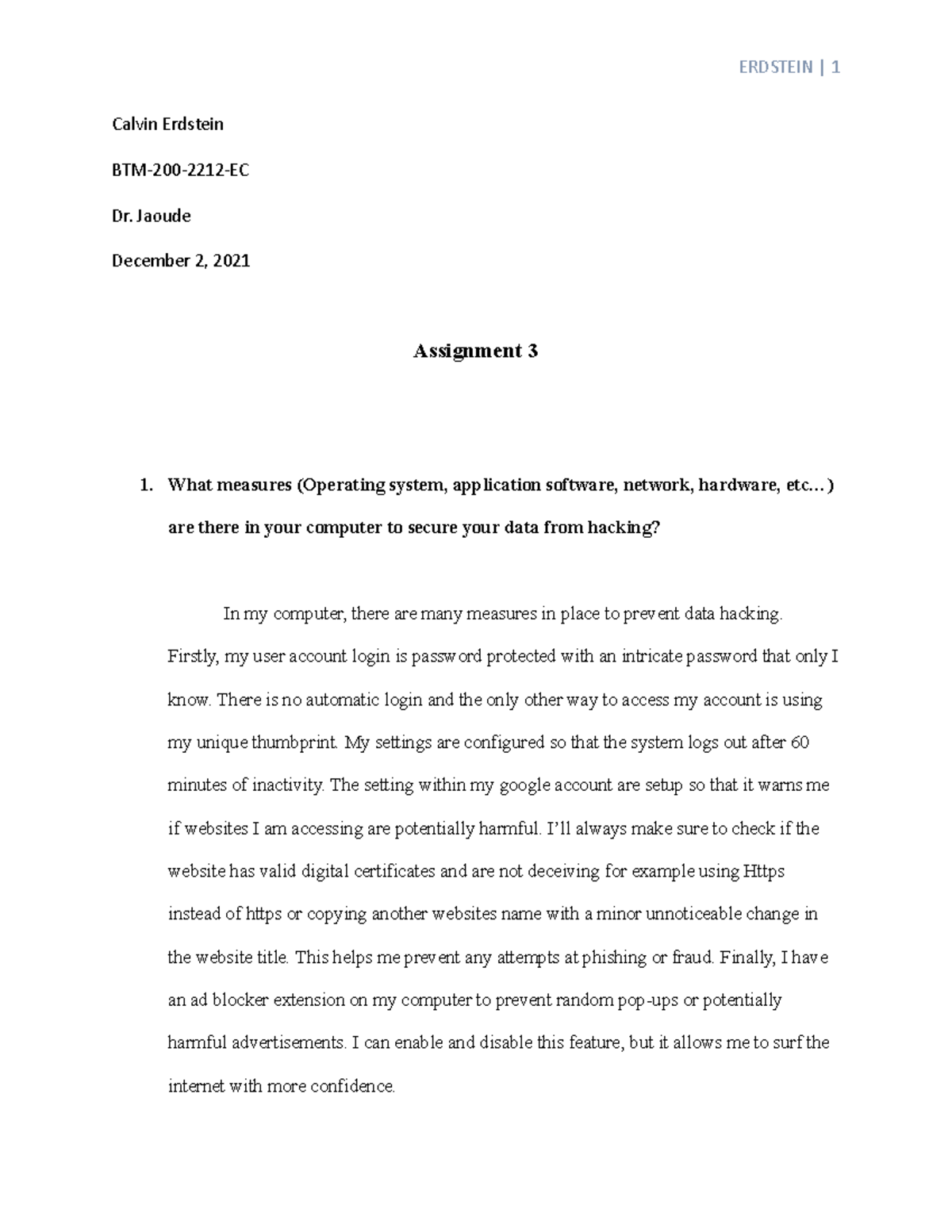 Assignment 3 - Calvin Erdstein - ERDSTEIN | 1 Calvin Erdstein BTM-200 ...