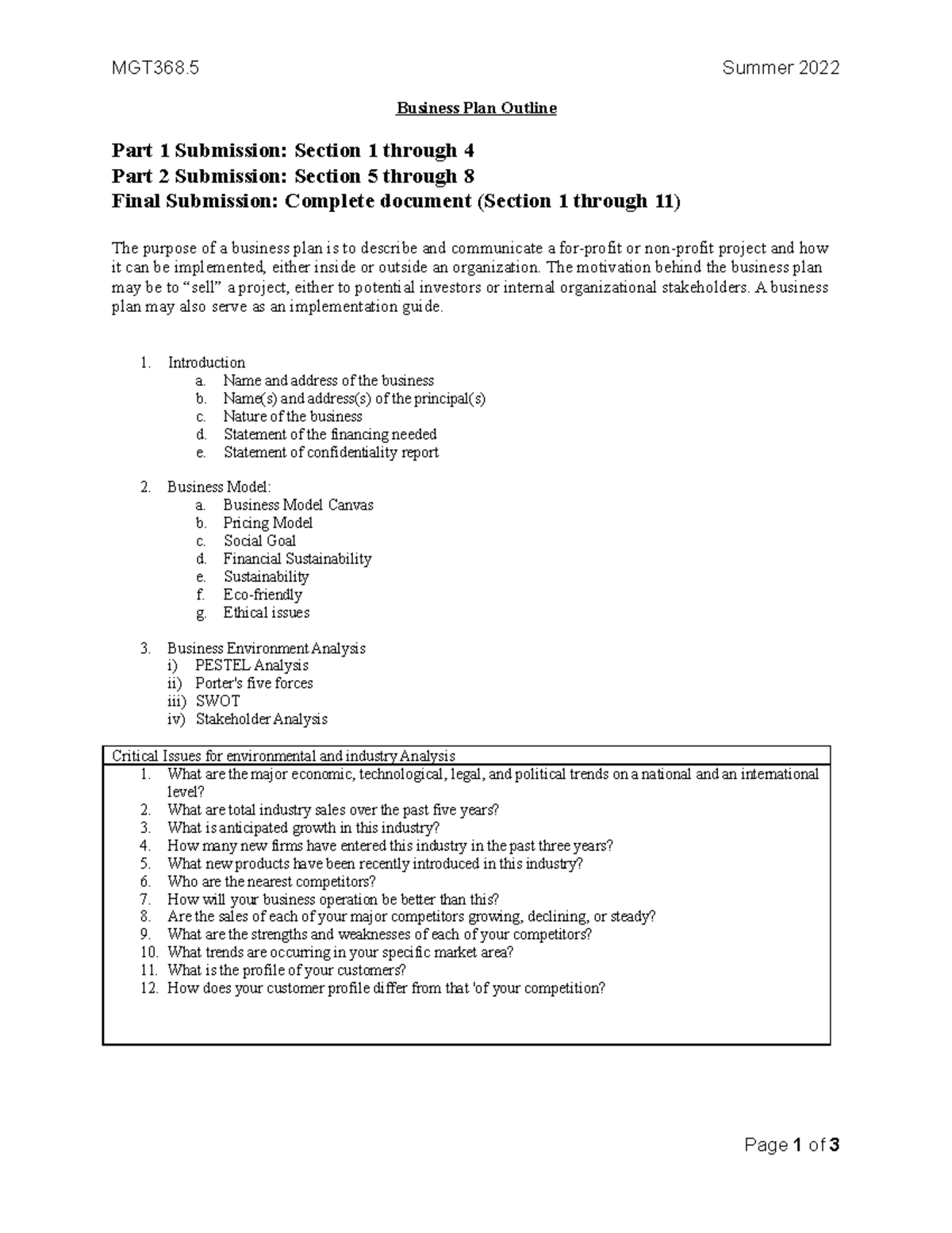 2022 - Summer - MGT368.5 - ST - Business Plan Outline - MGT368 Summer ...