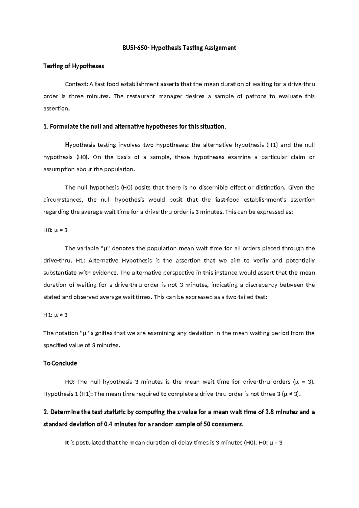 Busines analytics assignment - BUSI-650- Hypothesis Testing Assignment ...