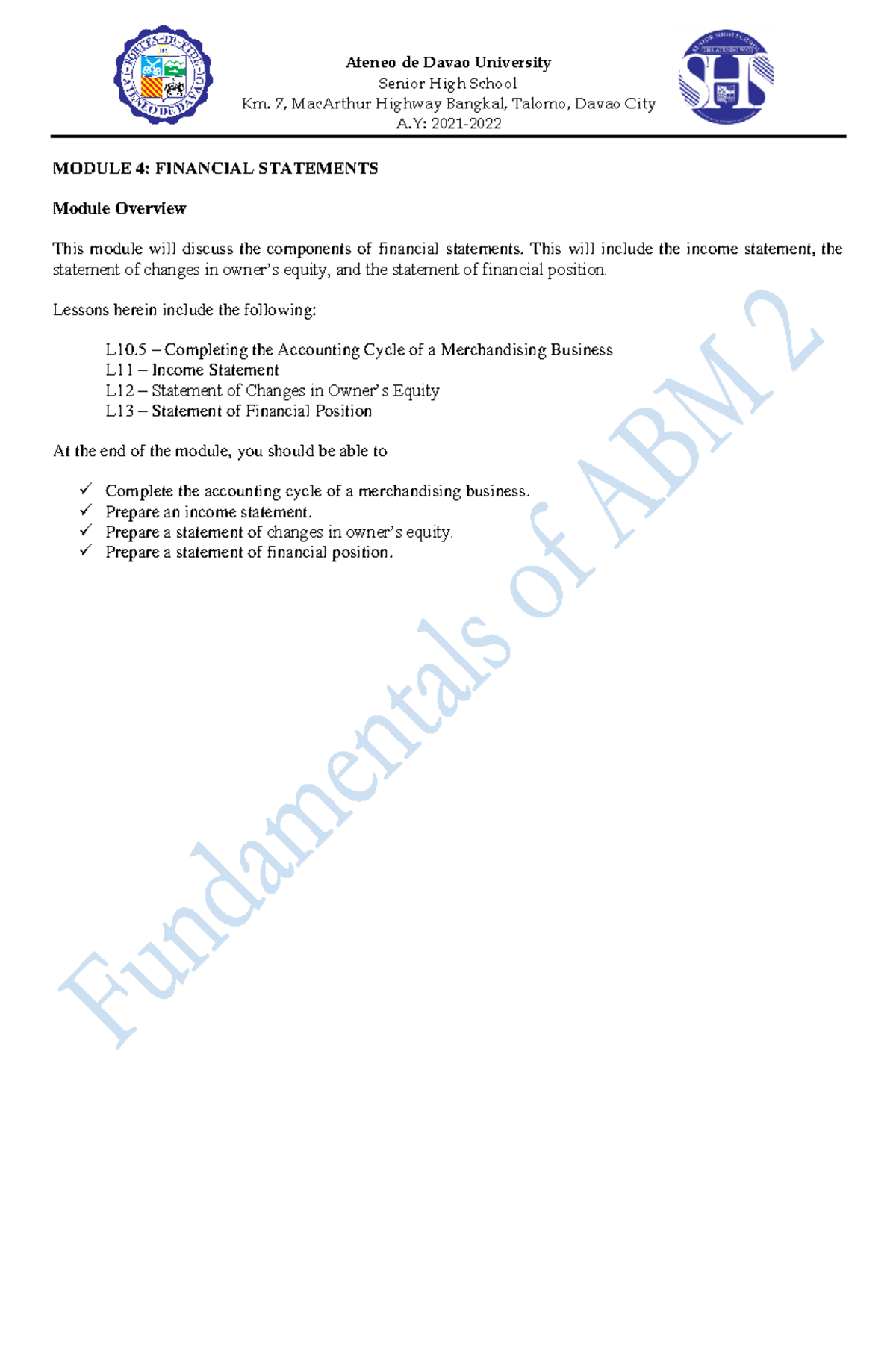 Fundamentals of Accounting and Business Management 2 Module 4 Financial ...