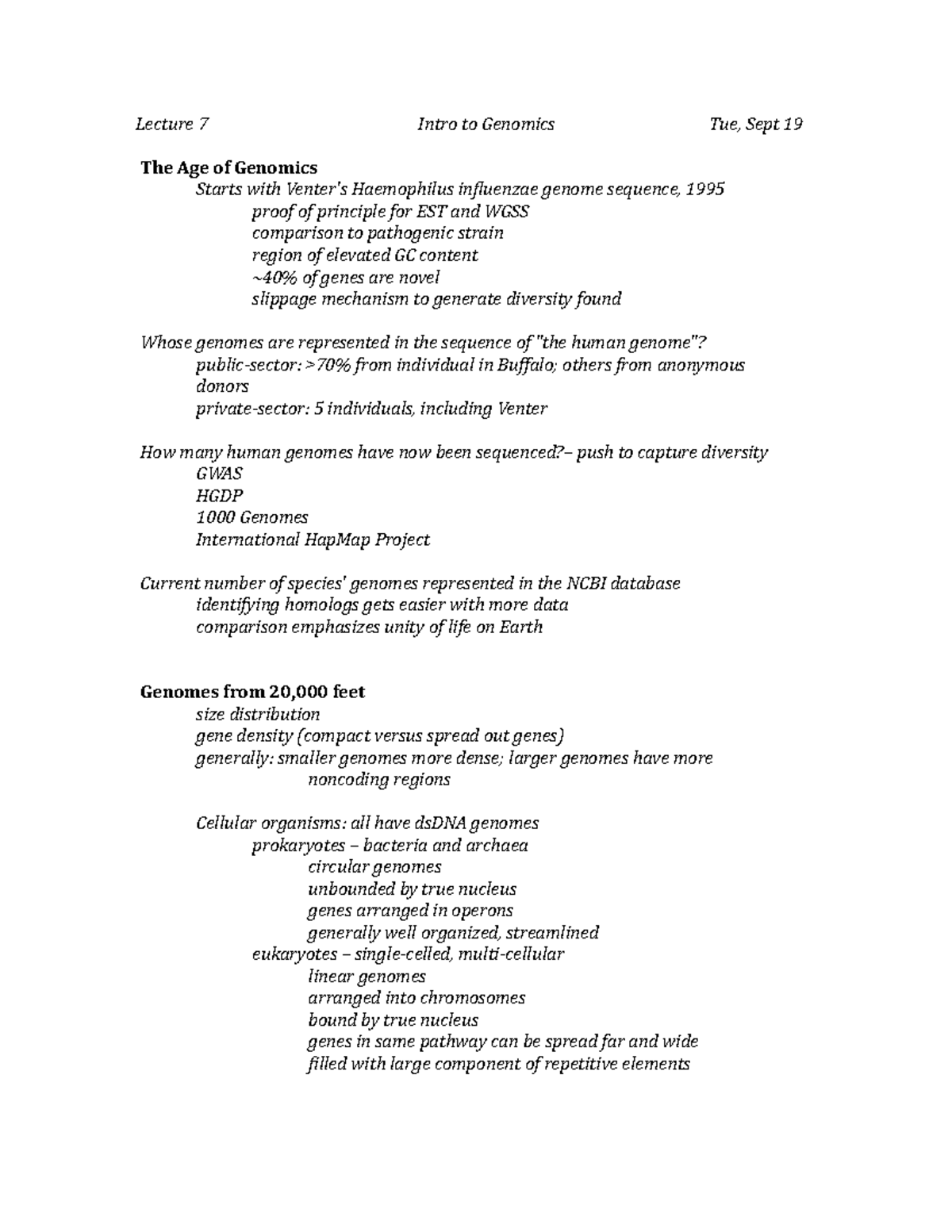 Lecture 7 Outline Lecture 7 Intro To Genomics Tue Sept 19 The Age Of