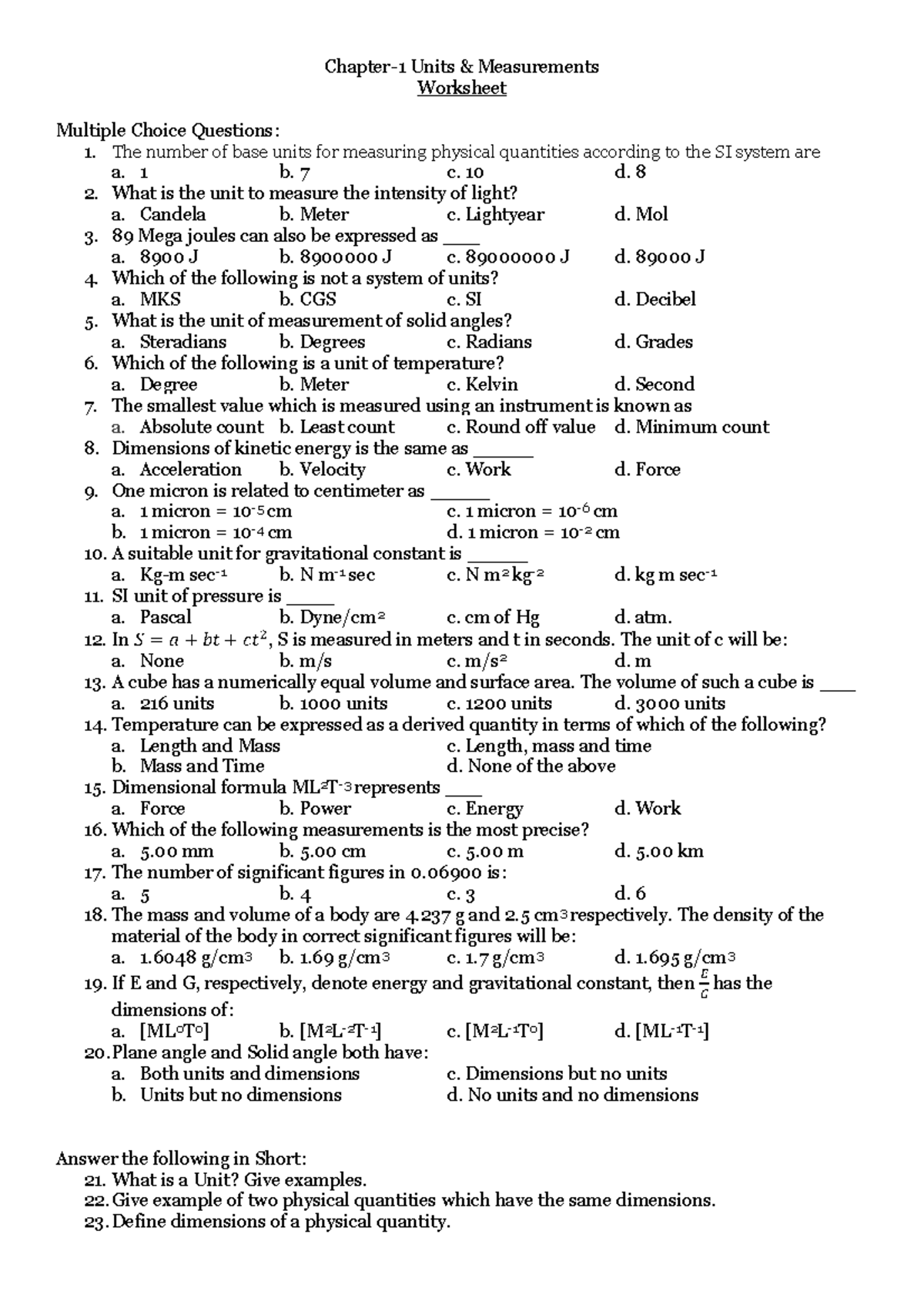 Ch 1-4 worksheet - Chapter-1 Units & Measurements Worksheet Multiple ...