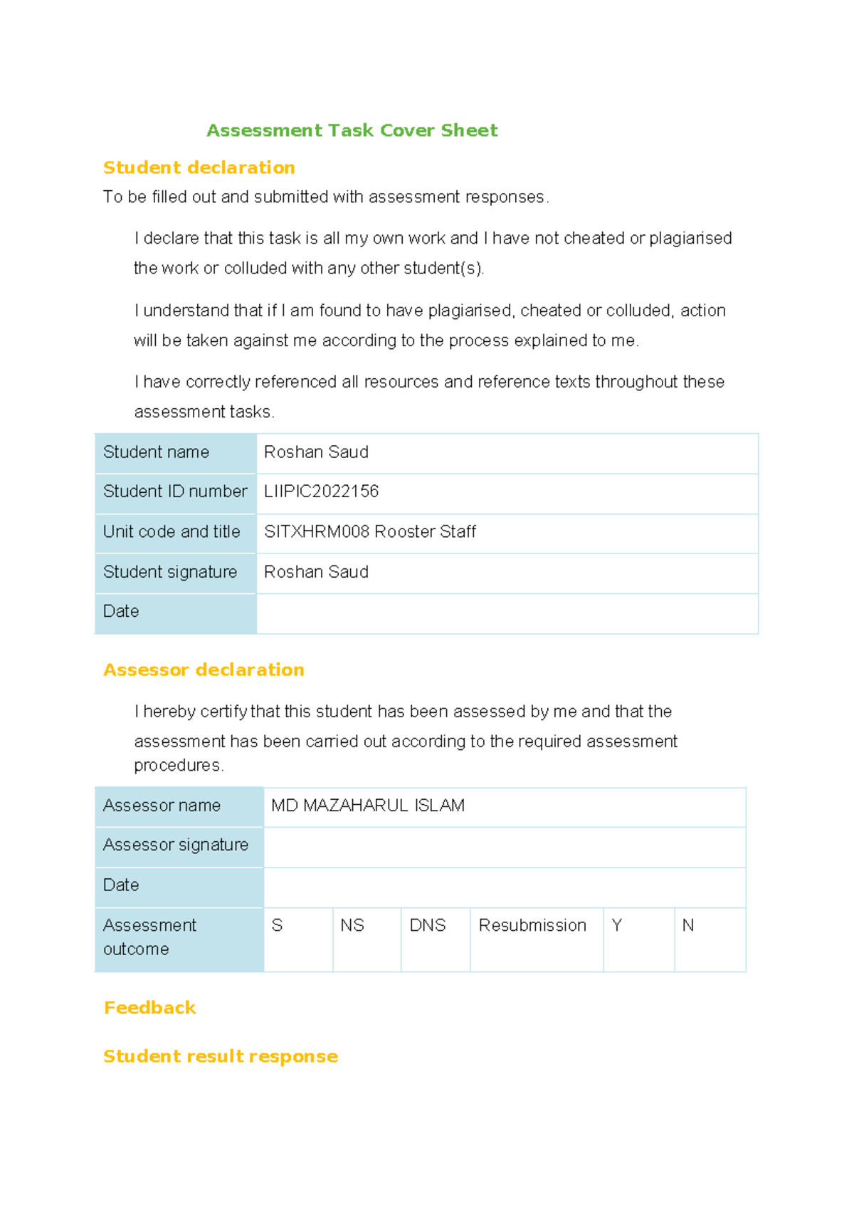 Sitxhrm 008 Student Assessment Tasks - Assessment Task Cover Sheet ...
