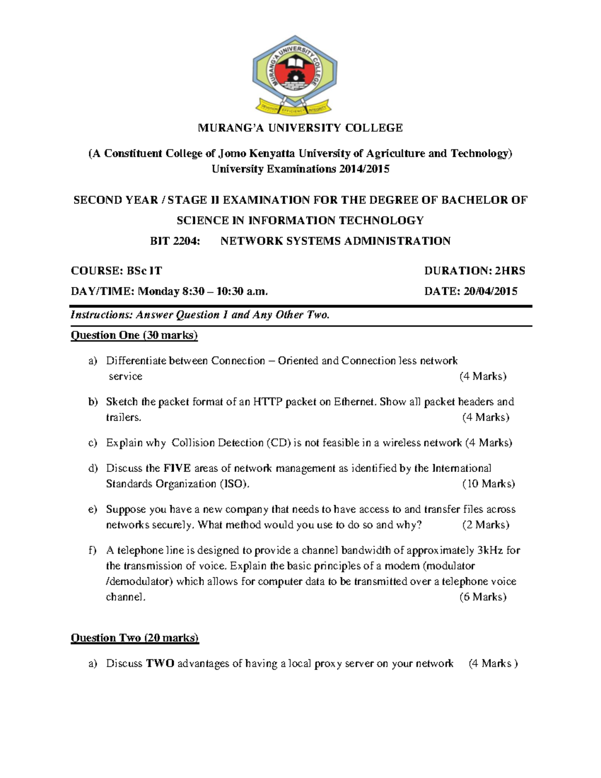BIT 2204 Network Systems Administration e XAM - MURANG’A UNIVERSITY ...