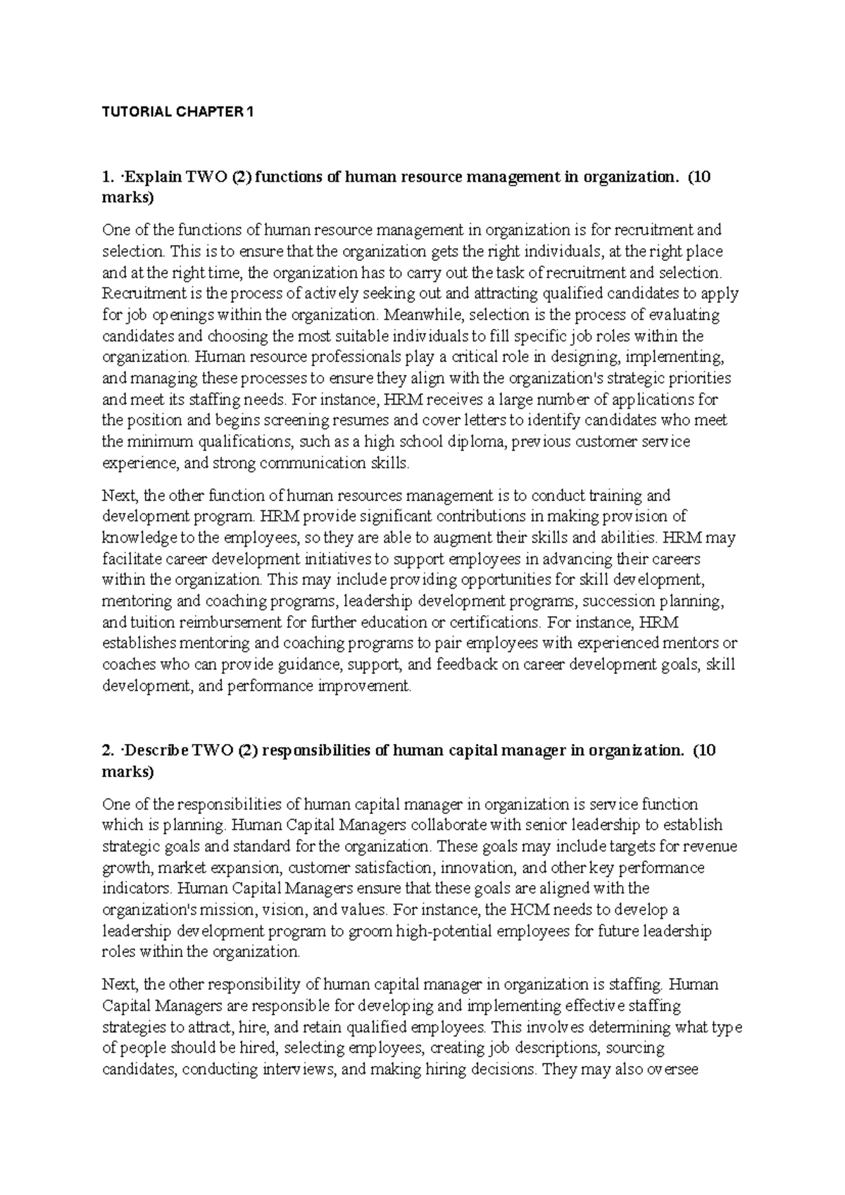 Tutorial Chapt 1 PAD215 - TUTORIAL CHAPTER 1 ·Explain TWO (2) functions of human resource ...