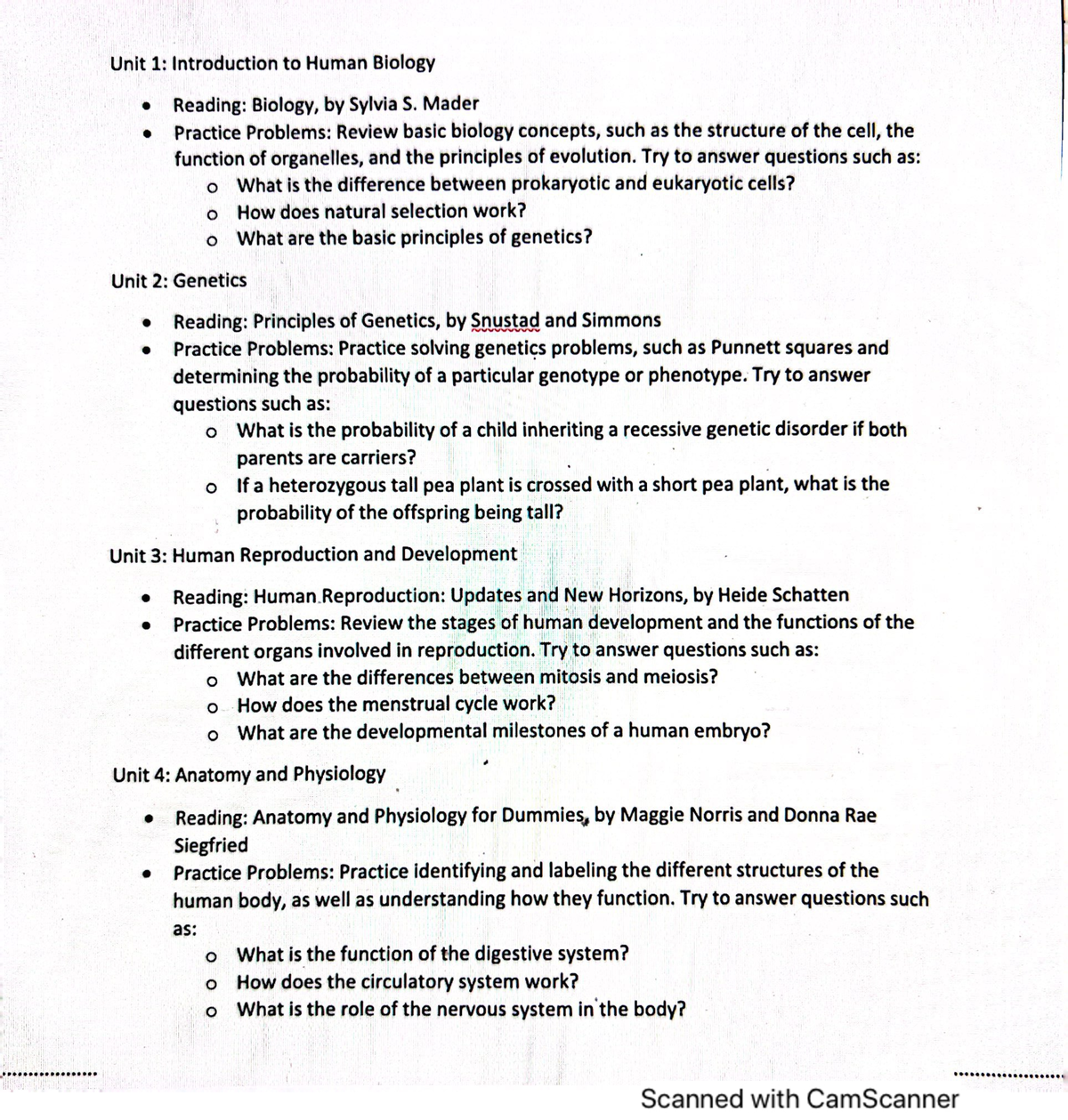Ap Bio Study G - Unit 1: Introduction to Human Biology Reading: Biology ...