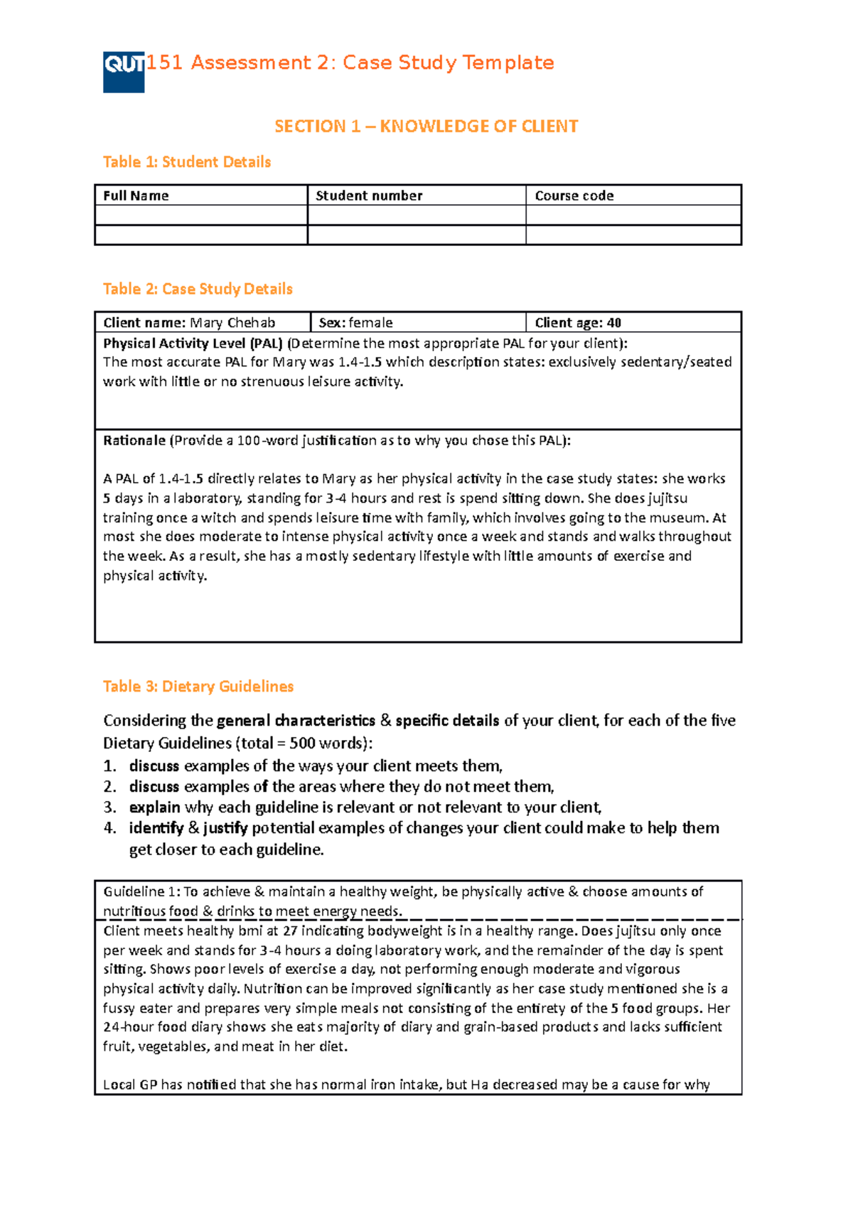 XNB151 Assessment 2 Template 2022 - SECTION 1 – KNOWLEDGE OF CLIENT ...