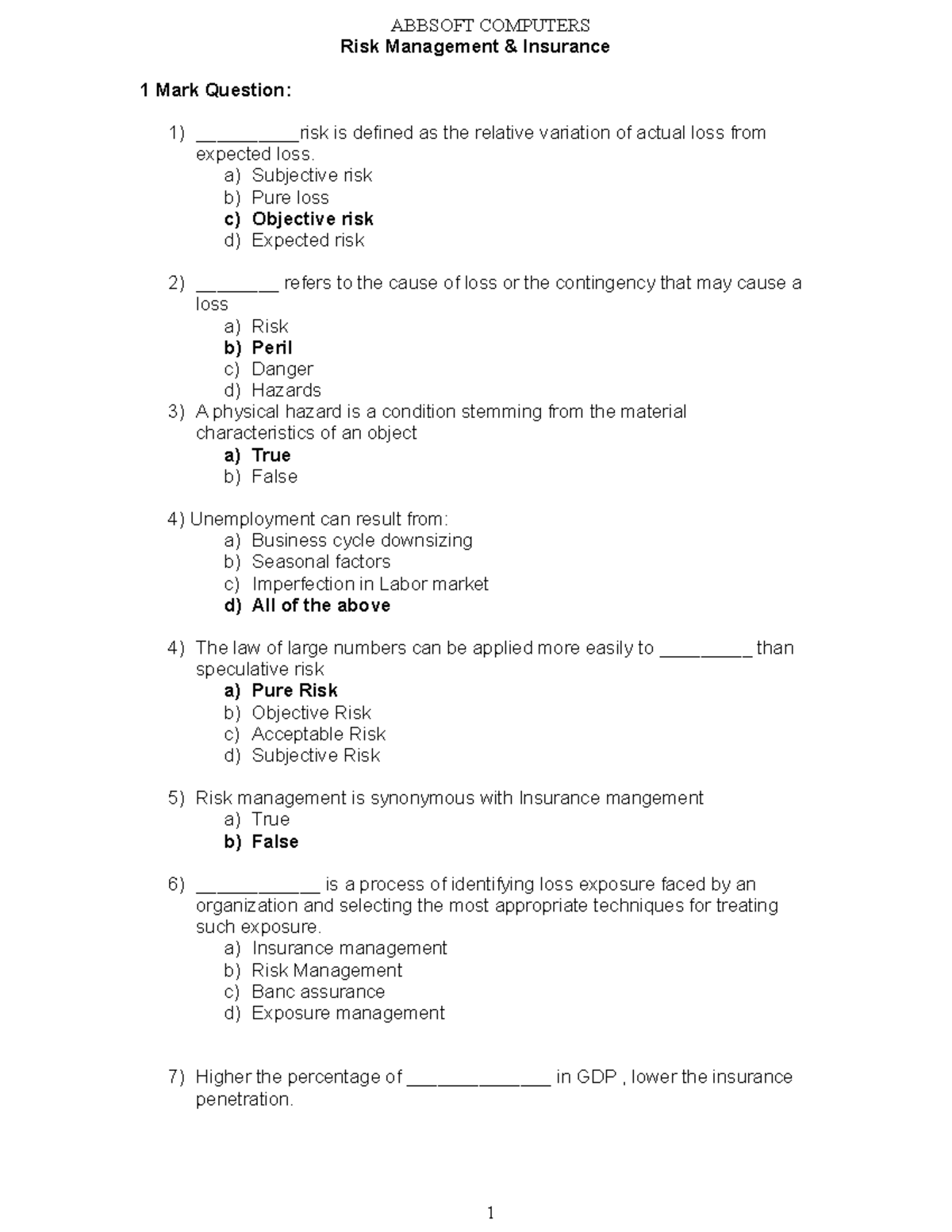 Risk Management Insurance Mba Mcq Summaries With Answers Risk