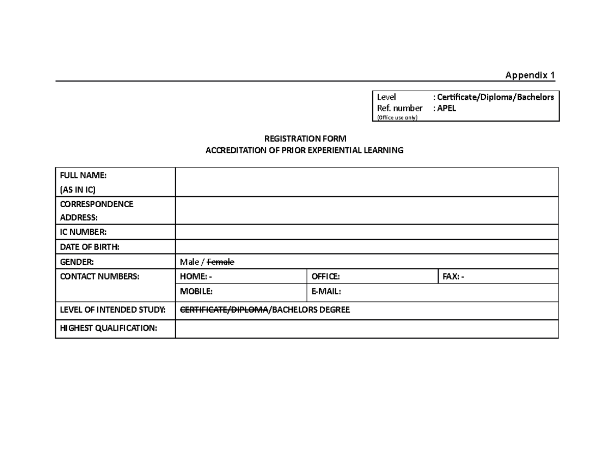 Portfolio Template UG Eng - Appendix 1 Level : Certificate/Diploma/Bachelors Ref. number : APEL ...