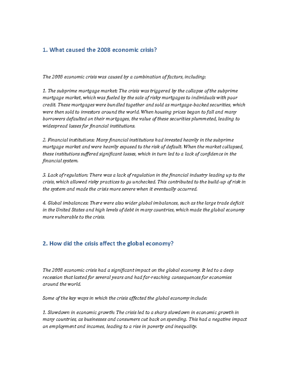 2008 economic crisis 1 - 1. What caused the 2008 economic crisis? The ...