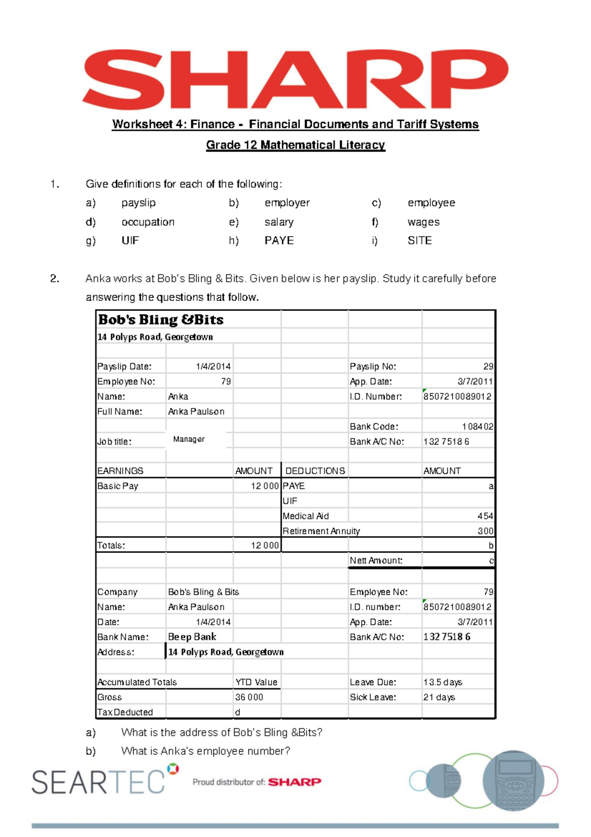 Worksheet 4 Financial Documents and Tariff Systems Grade 12 Math Lit ...