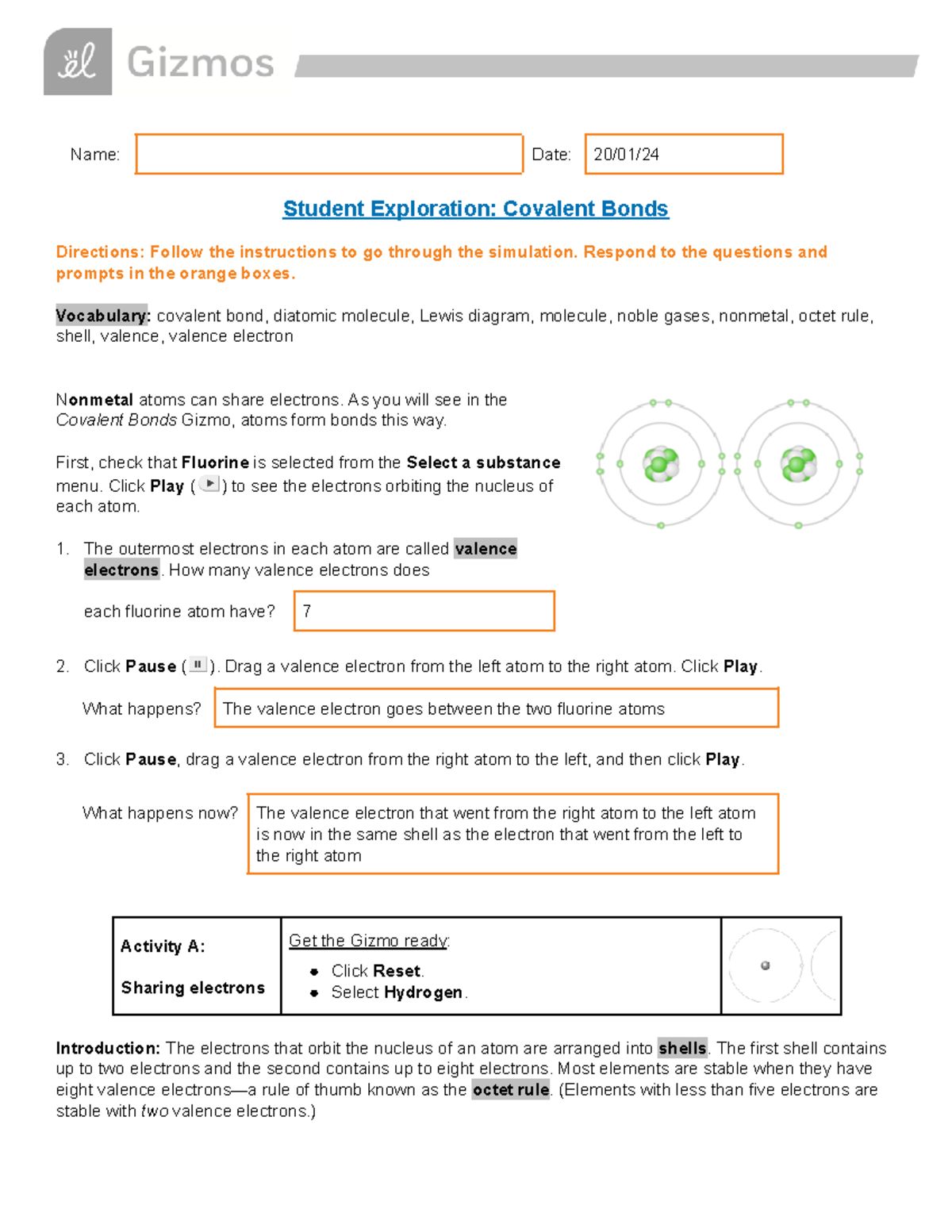 Covalent Bonds Gizmo - Name: Date: 20/01/ Student Exploration: Covalent ...