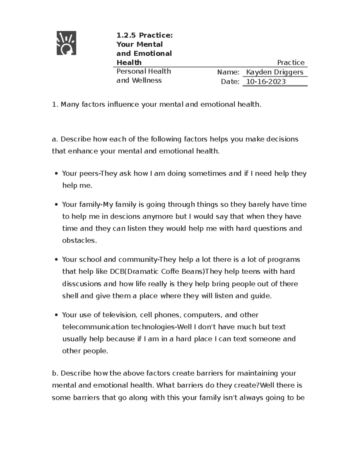 1.2.5 Practice - Your Mental and Emotional Health (Practice) (2) - 1.2 ...