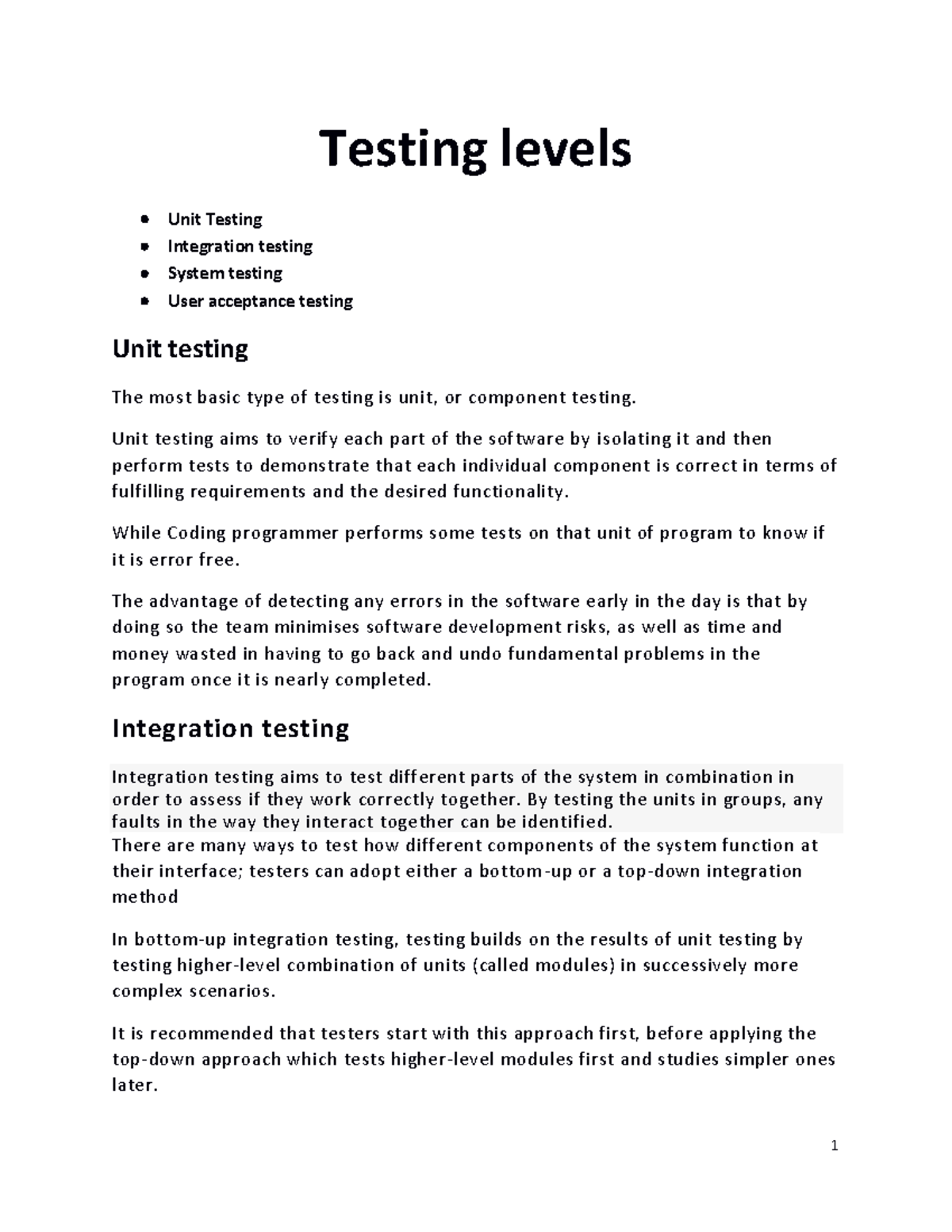 Testing levelsdoc 2928688 2022 08 17 10 59 - Testing levels Unit ...