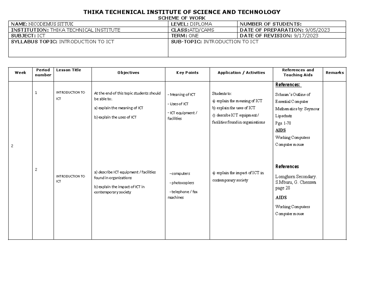 Schemes CAMS ATD T1 23 - Kasneb scheme - THIKA TECHENICAL INSTITUTE OF ...