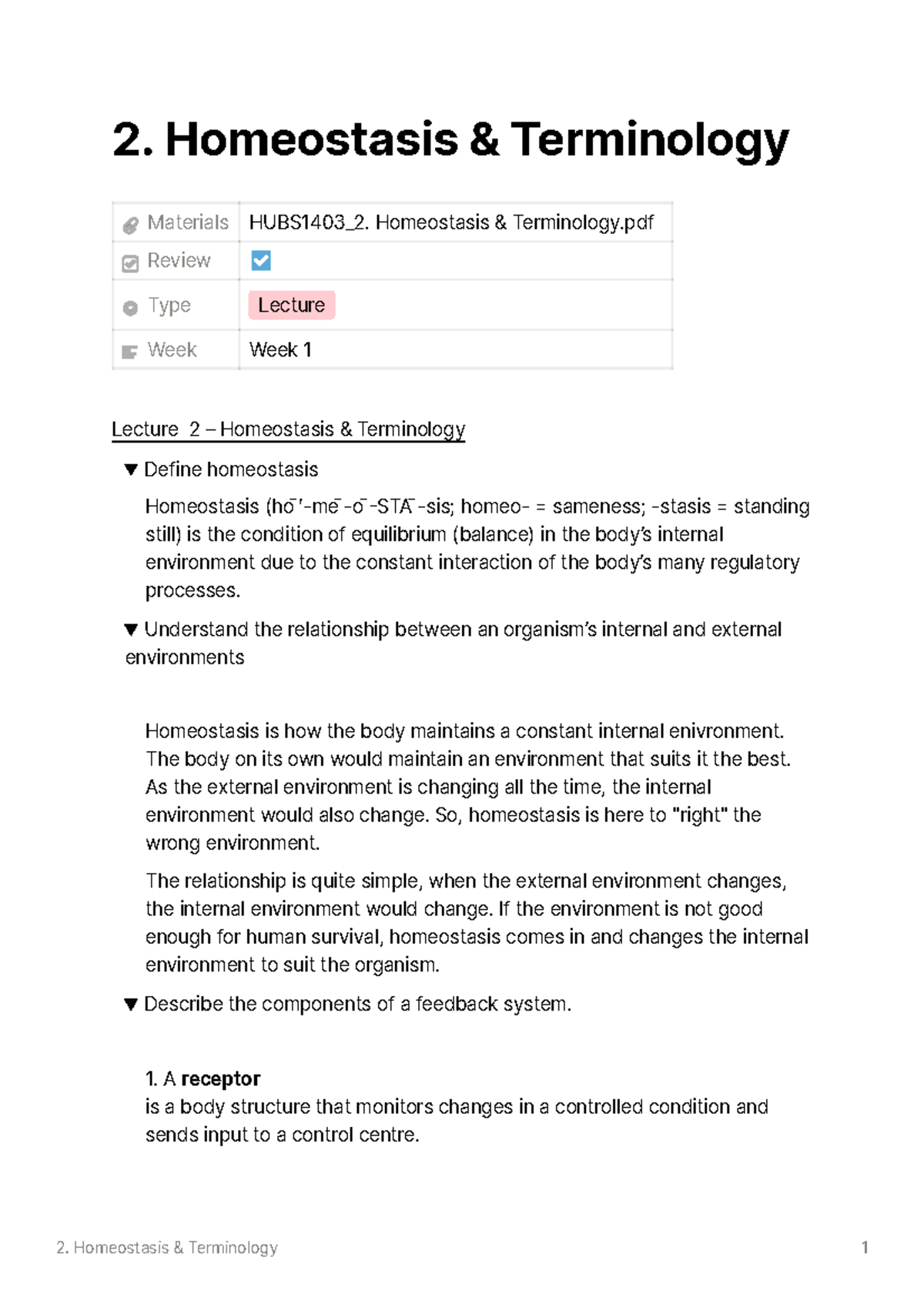 2. Homeostasis and terminology - 2. Homeostasis & Terminology Materials ...