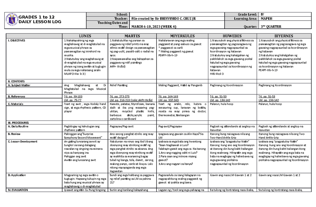DLL Mapeh 4 Q3 W4 - sample - GRADES 1 to 12 DAILY LESSON LOG School ...