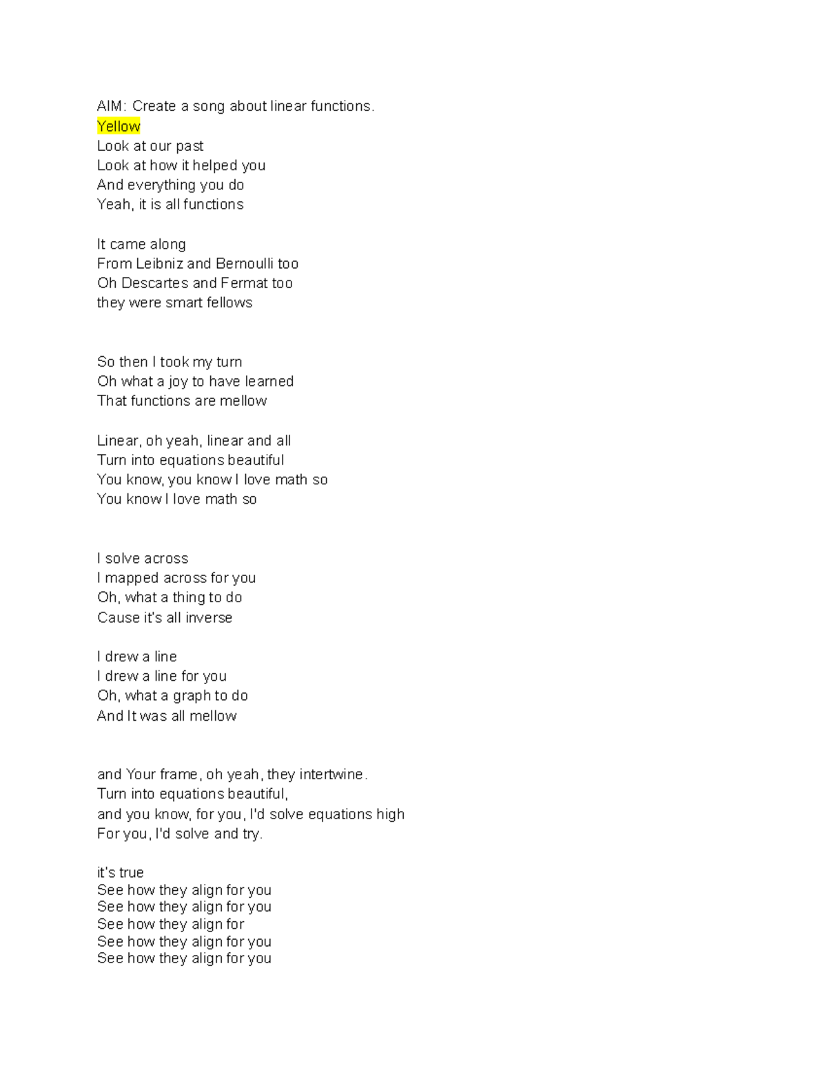 Linear Functions Song Lyrics - AIM: Create a song about linear ...