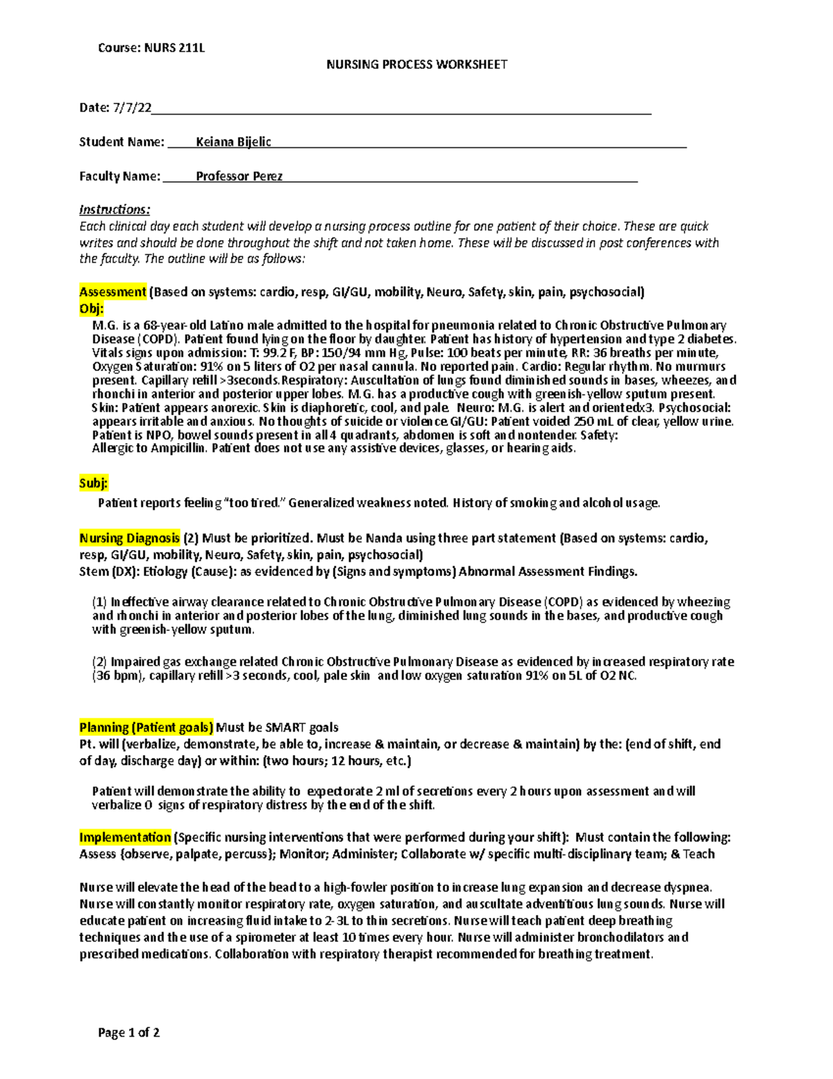 N211L - Nursing Process Worksheet 4 - Course: NURS 211L NURSING PROCESS ...