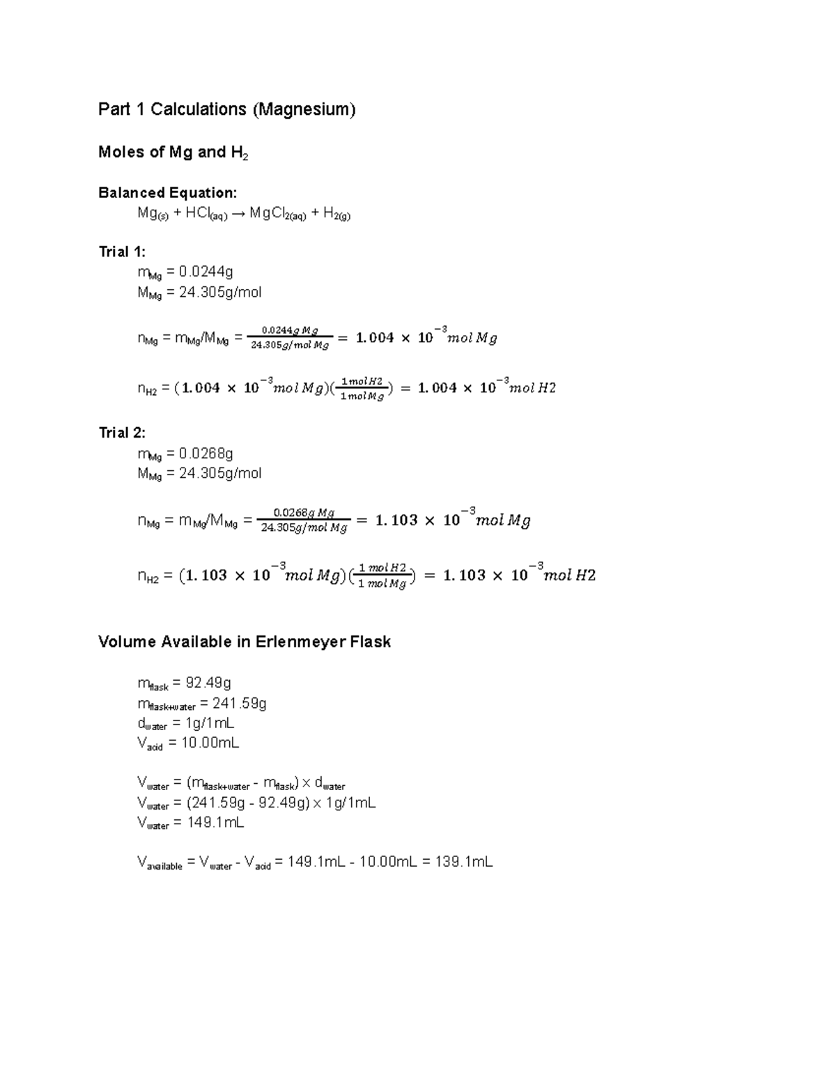 Calculations for them - Part 1 Calculations (Magnesium) Moles of Mg and ...