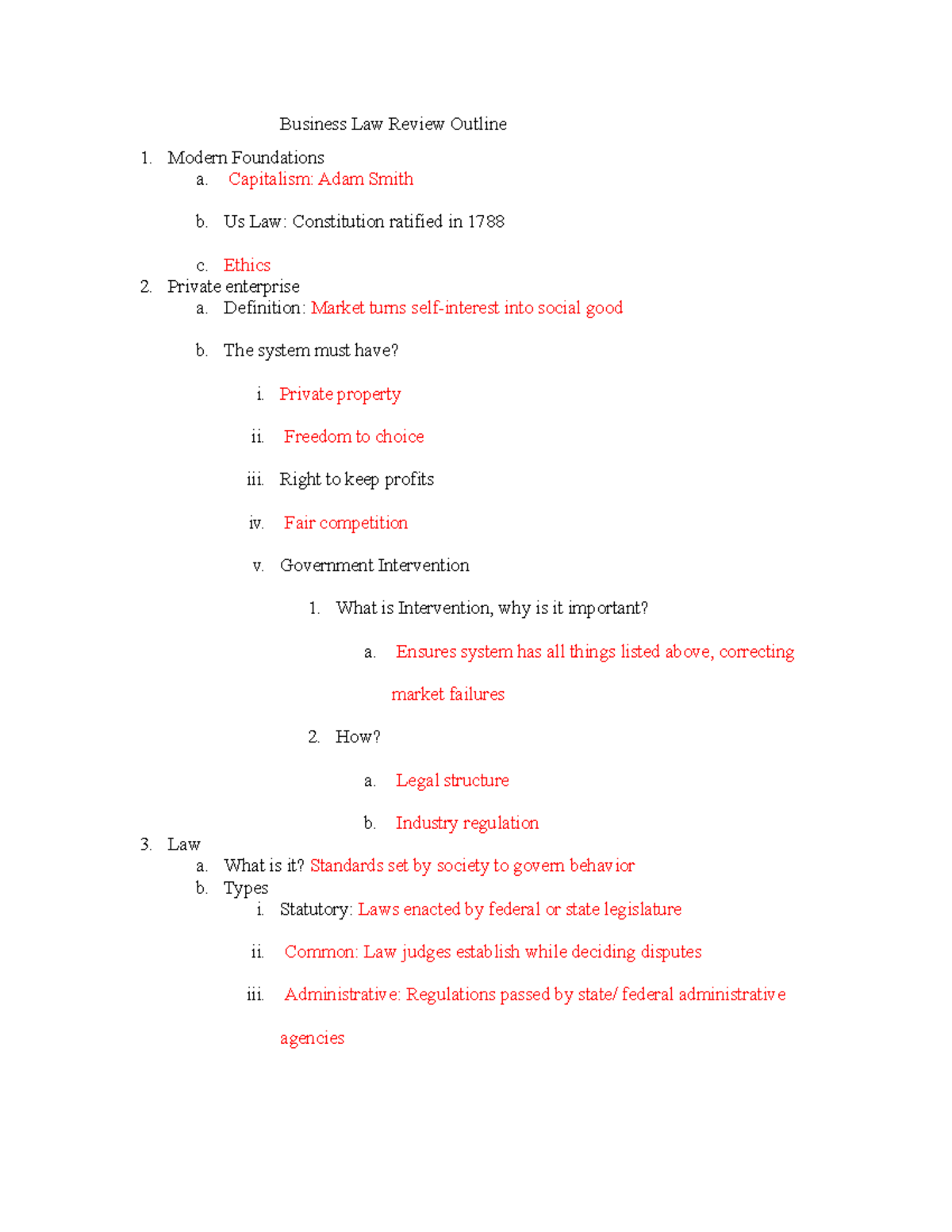 Business Law(KEY) - Business Law Review Outline Modern Foundations a ...