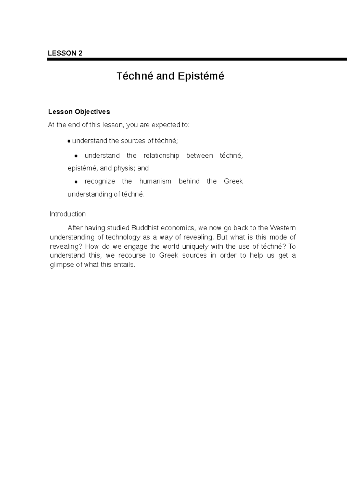 Tecne - Sts - LESSON 2 Téchné and Epistémé Lesson Objectives At the end ...