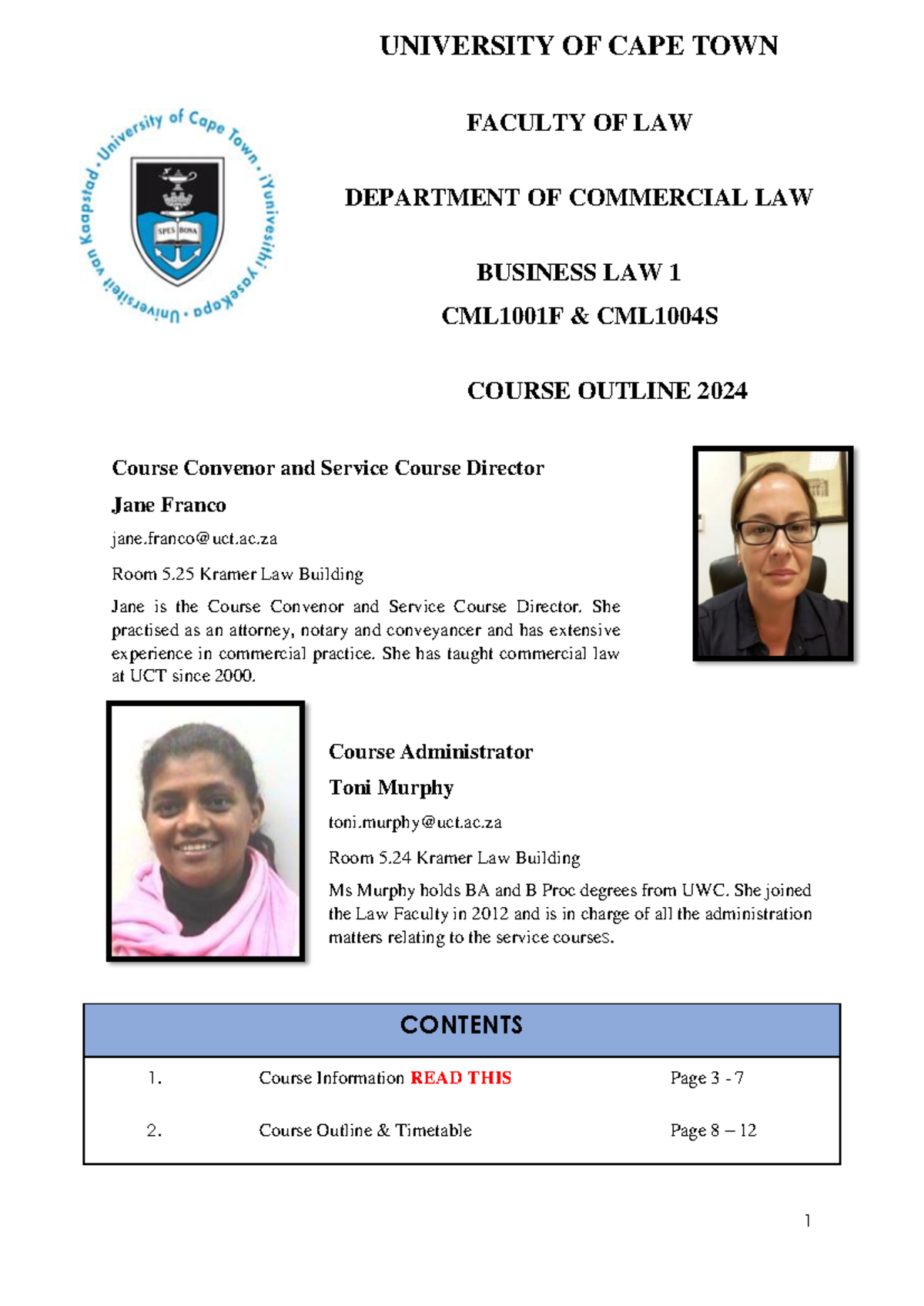 COURSE OUTLINE FOR THE ACADEMIC YEAR 2024 UNIVERSITY OF JOHHANESBURG ...