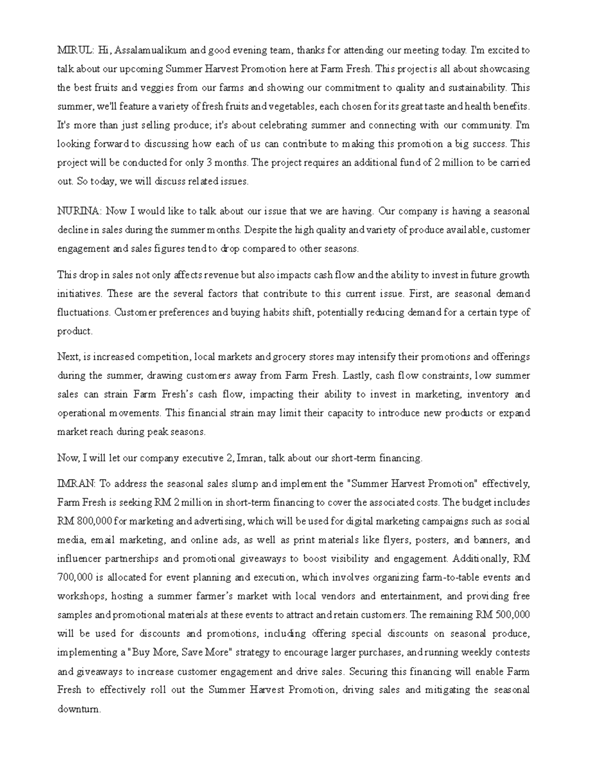 fin242 - role play script ( assignment 1) - MIRUL: Hi, Assalamualikum ...