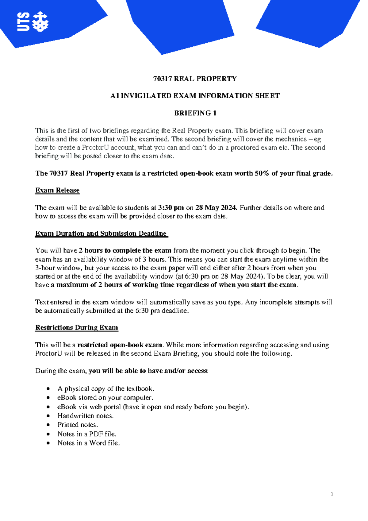 Real property Exam Briefing 1 Autumn 2024 - 70317 REAL PROPERTY AI ...