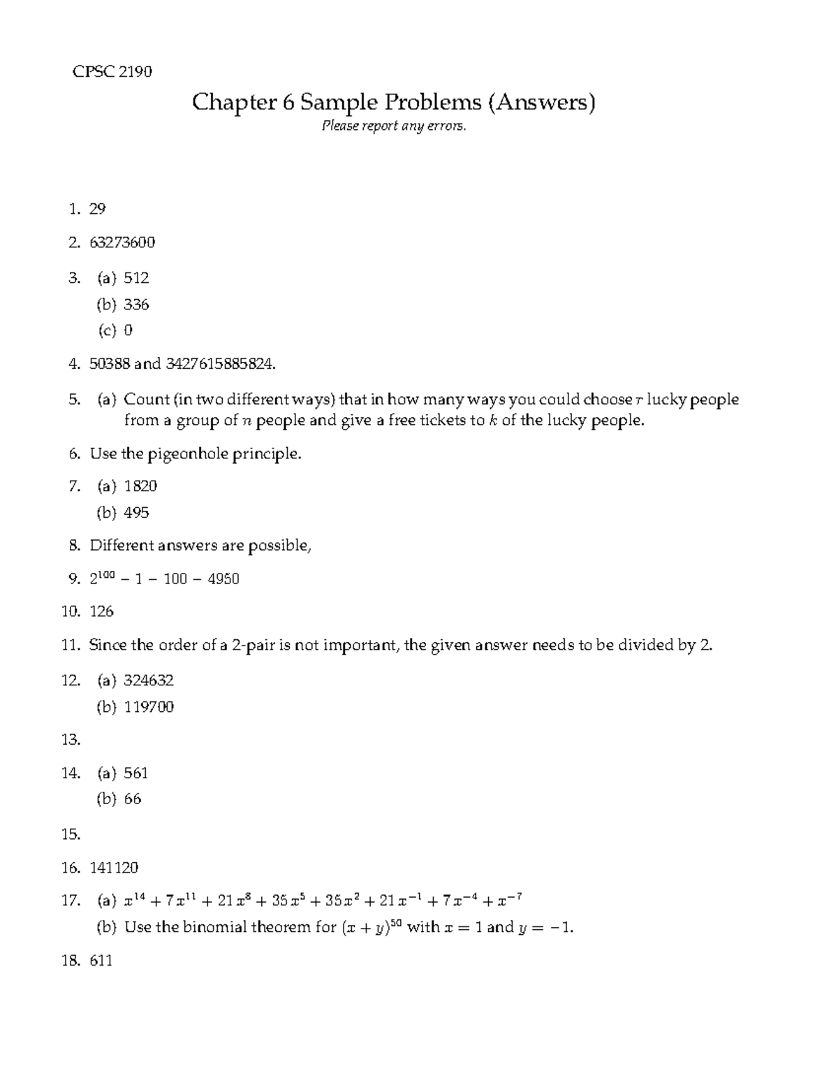 Samples Chapter 6 (answers) - CPSC 2190 Chapter 6 Sample Problems ...