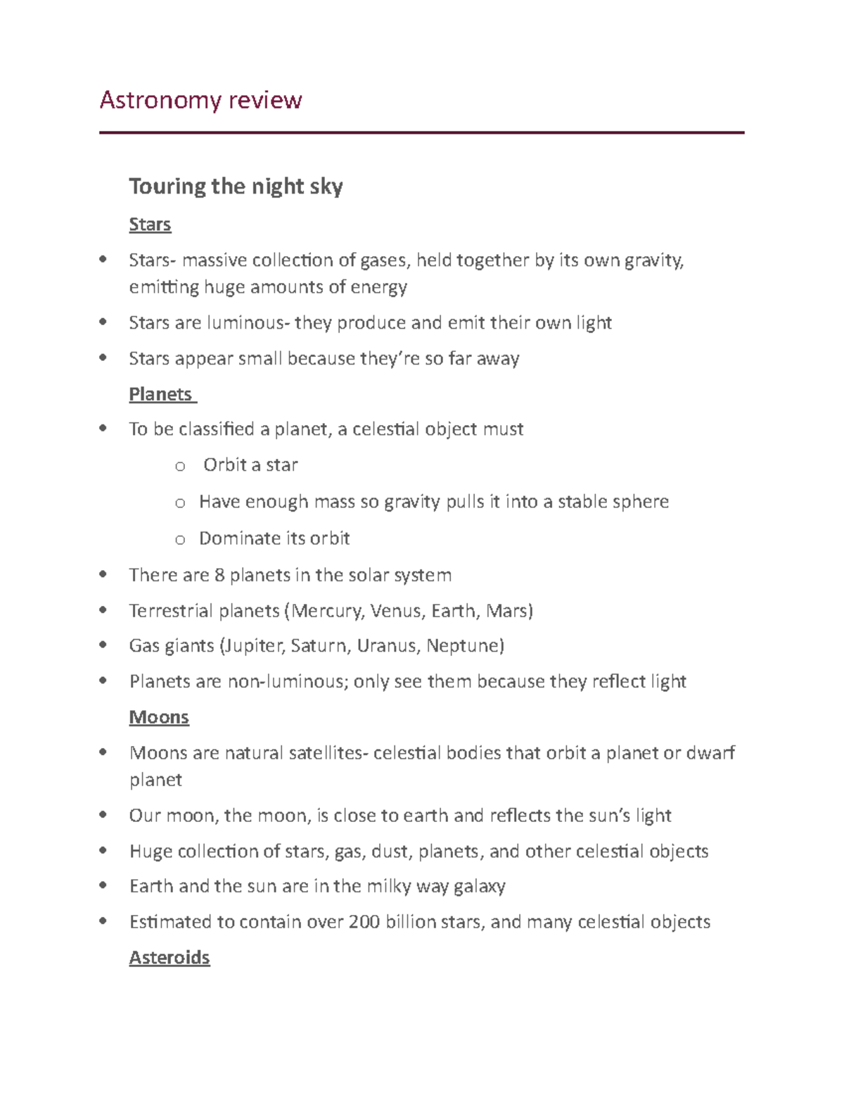 Astronomy study notes - Astronomy review Touring the night sky Stars ...