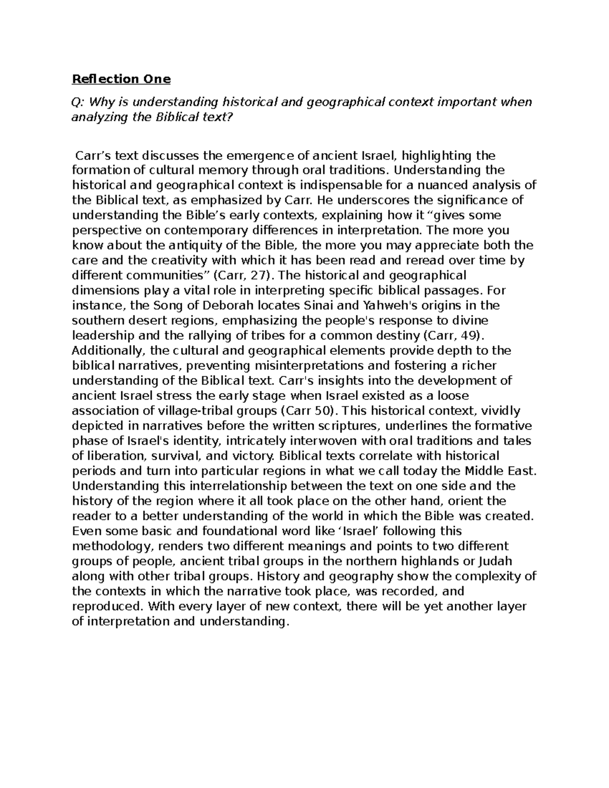 Reflection One - Understanding the historical and geographical context ...