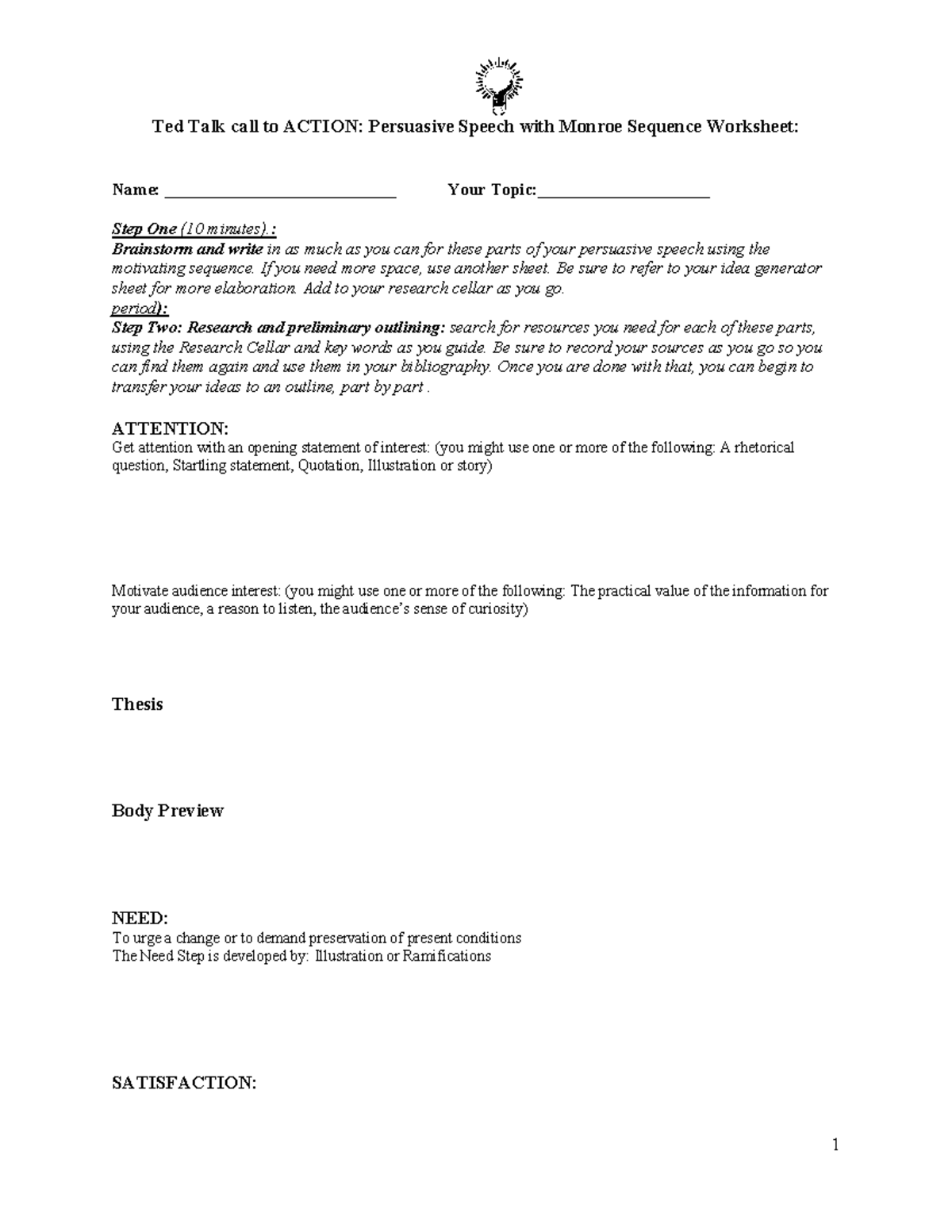 Ted C2ABrainstorming Worksheet-2020 - 1 Ted Talk call to ACTION ...