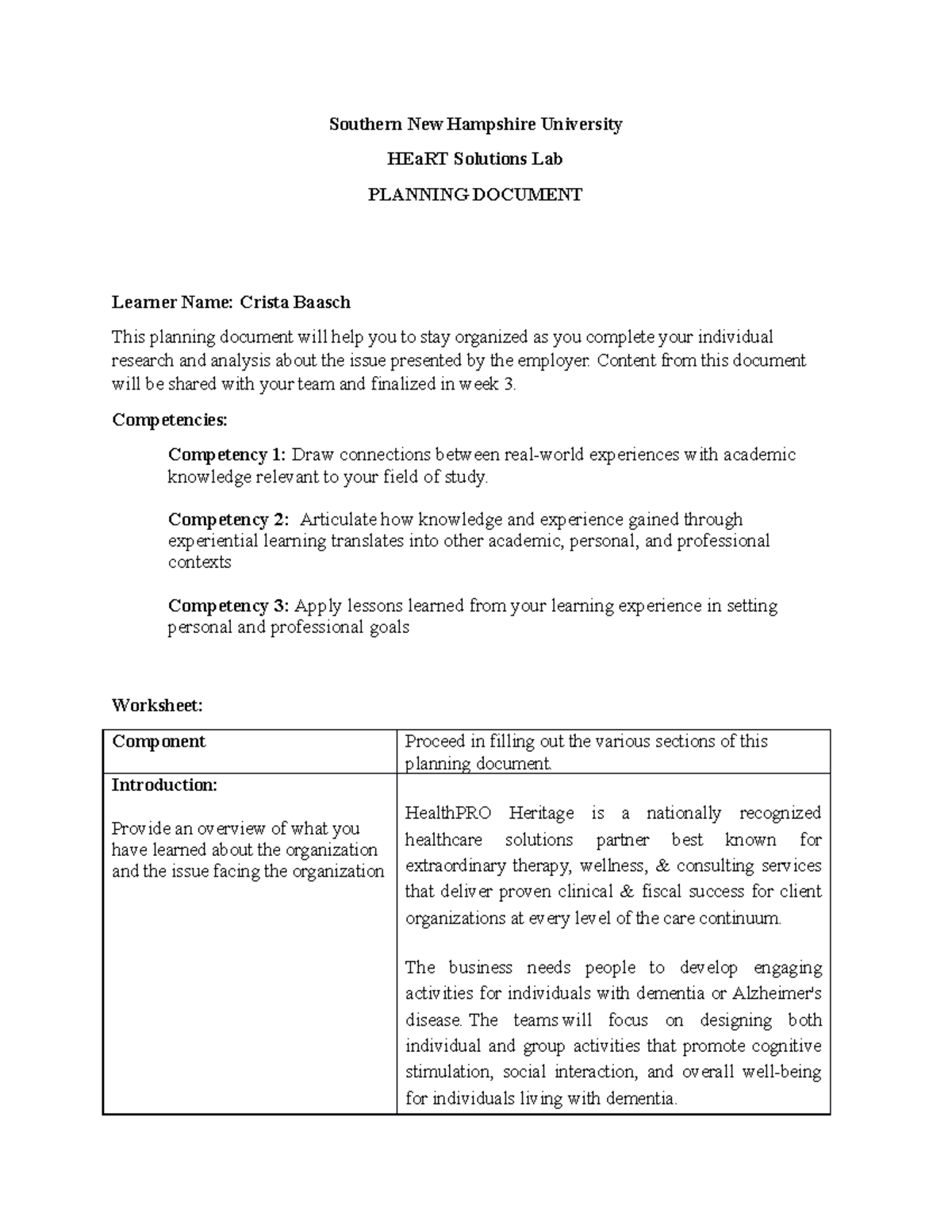 HSL Individual Planning Document 1 - Southern New Hampshire University ...