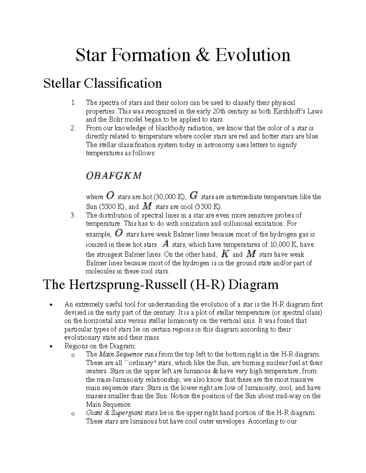 Astr notes 10 - Star Formation & Evolution Stellar Classification The ...