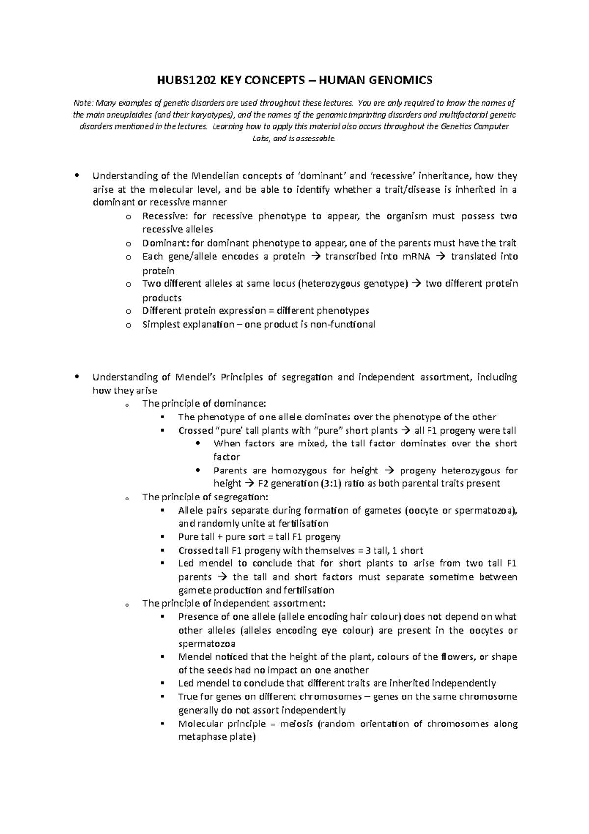 Genomics test prep - Lecture notes all - HUBS1202 KEY CONCEPTS – HUMAN ...